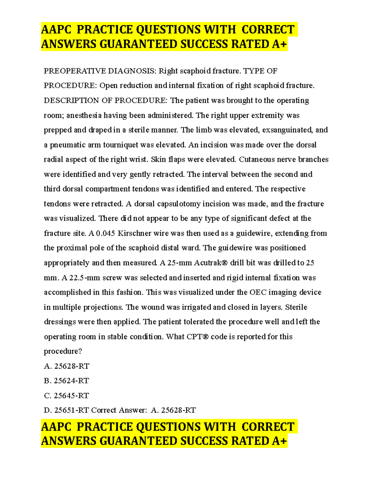 AAPC CPC Practice Questions - ANSWERS GUARANTEED SUCCESS RATED A+ PREOPERATIVE DIAGNOSIS: Right ...