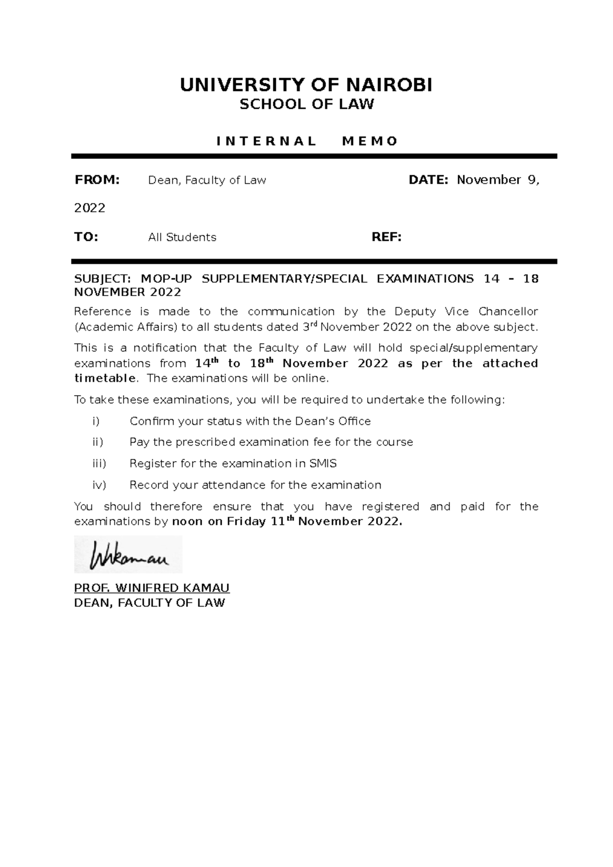 Memo to Students - Mop Up Special Supplementary Exams Nov 2022 ...
