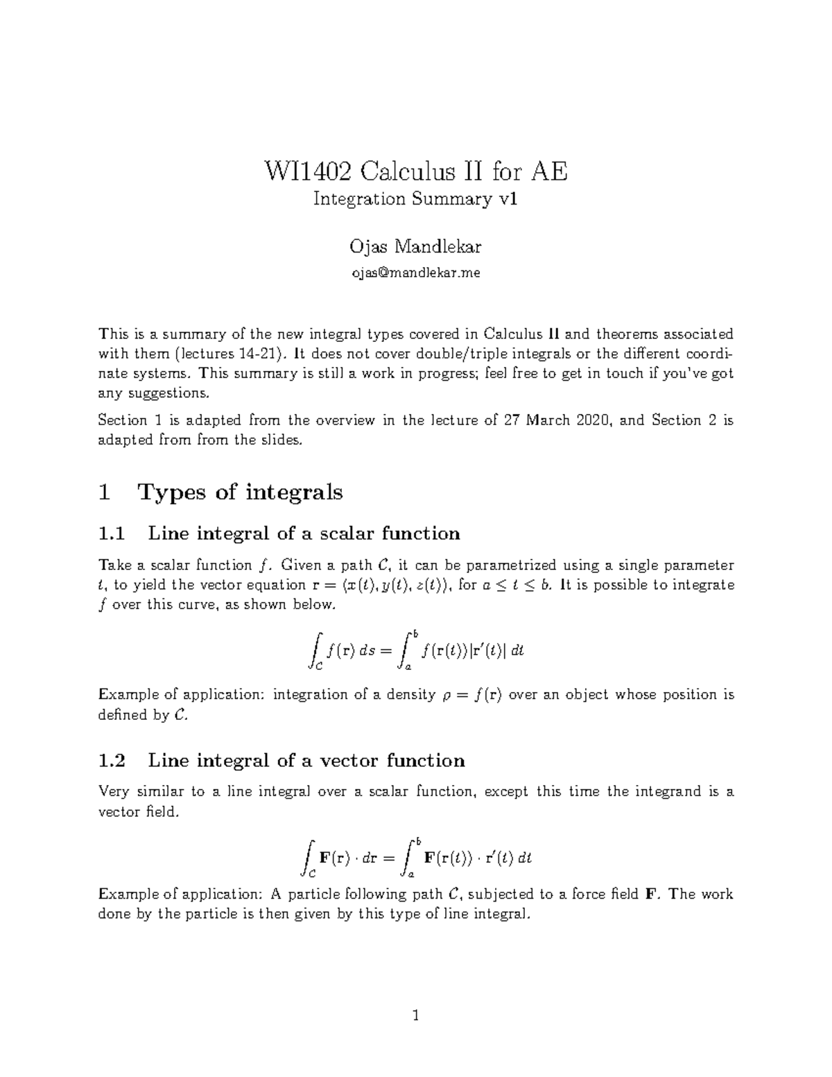 Calc 2 Theorem Summary - WI1402 Calculus II for AE Integration Summary ...
