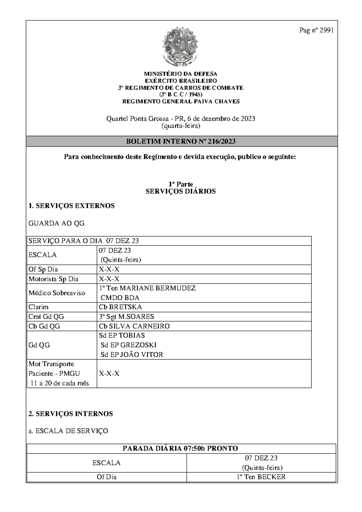 2023-12-06 O 216 boletim interno-Klinton - Pag nº 2991 MINISTÉRIO DA ...