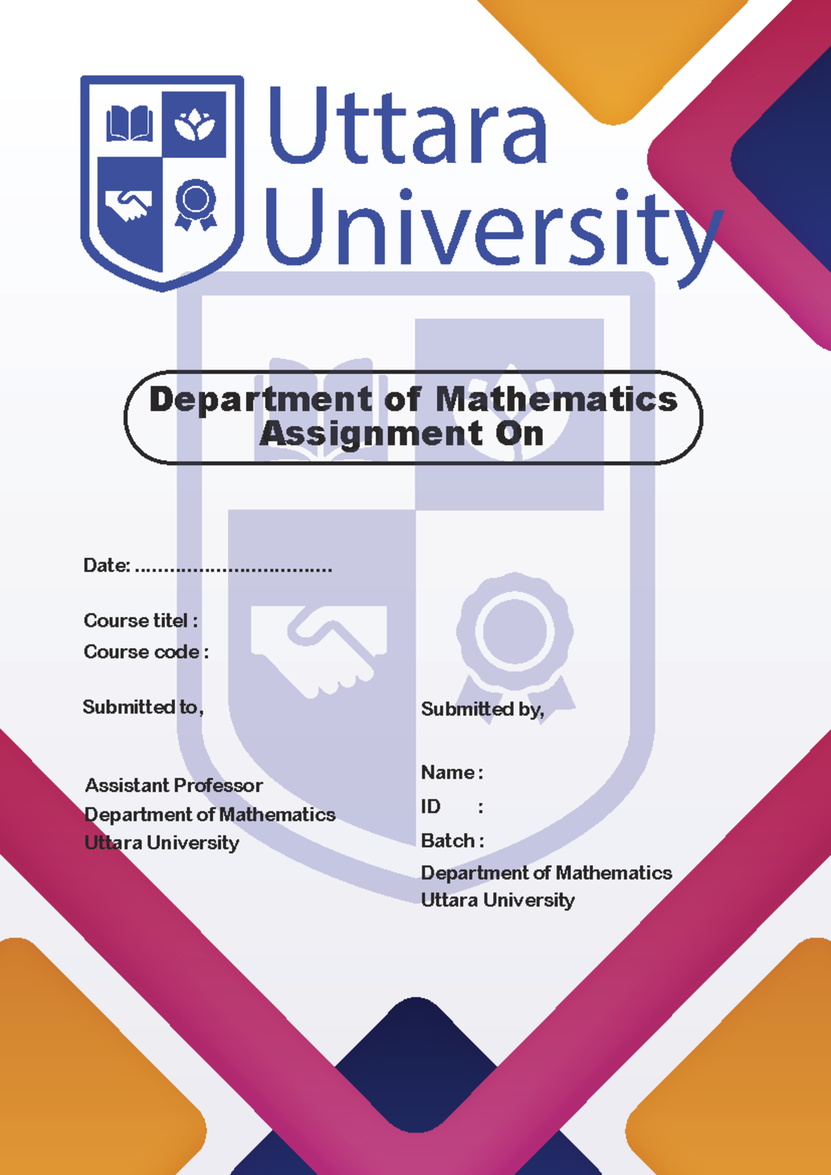 Assignment Cover Page ( Assistant Professor ) - MAT - Uttara University ...