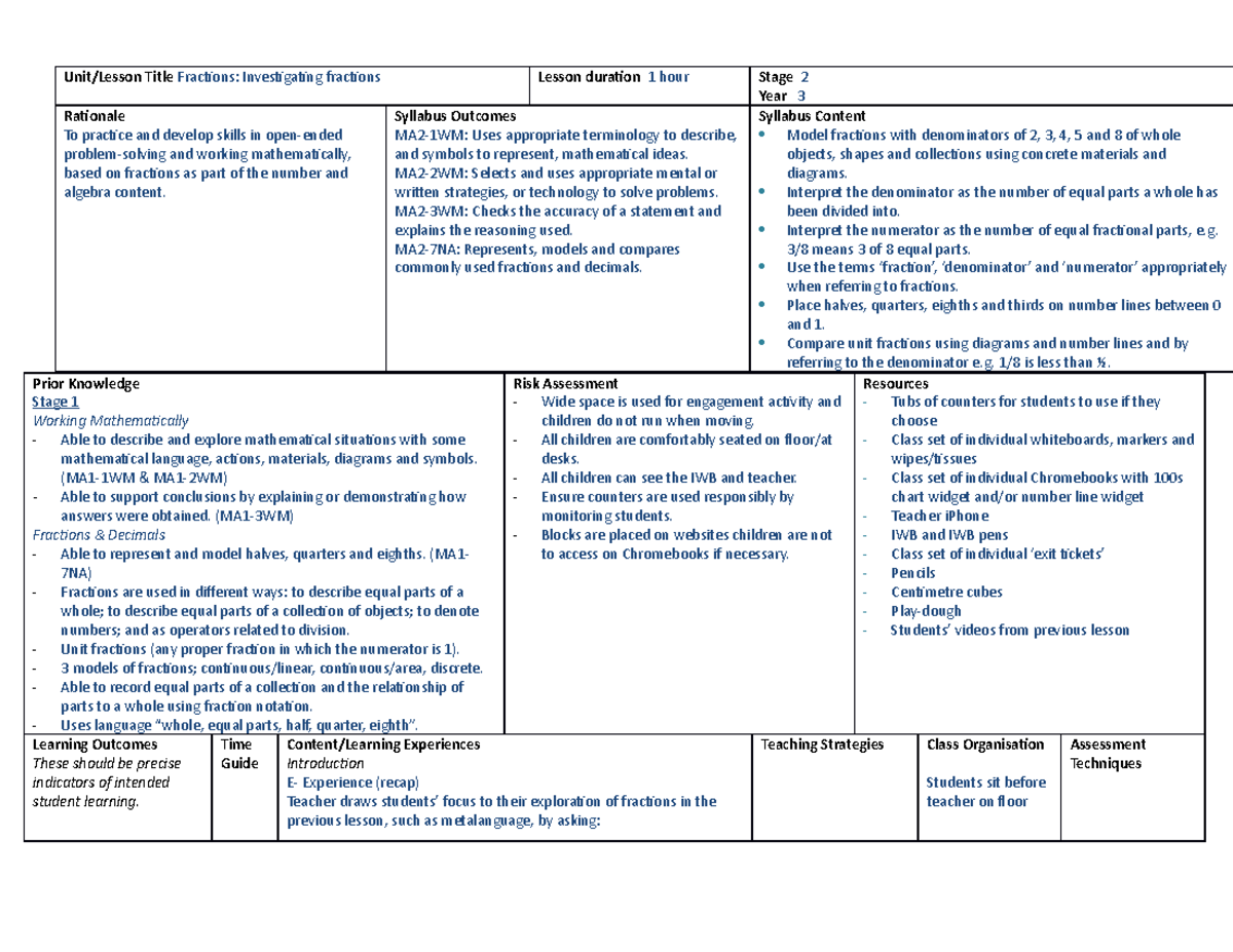 Lesson Plan 2 - Assignment 2 - Unit/Lesson Title Fractions ...