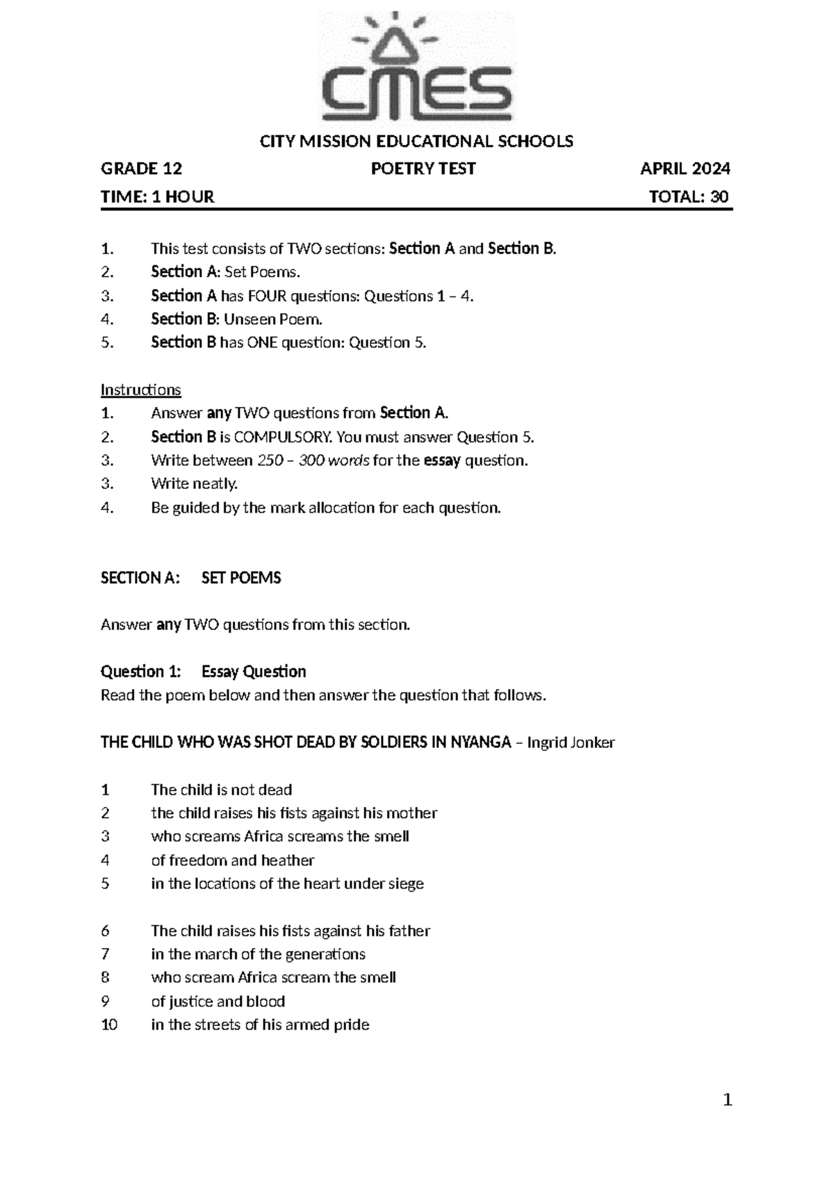 Revised Poetry Test Apr 2024 - CITY MISSION EDUCATIONAL SCHOOLS GRADE ...