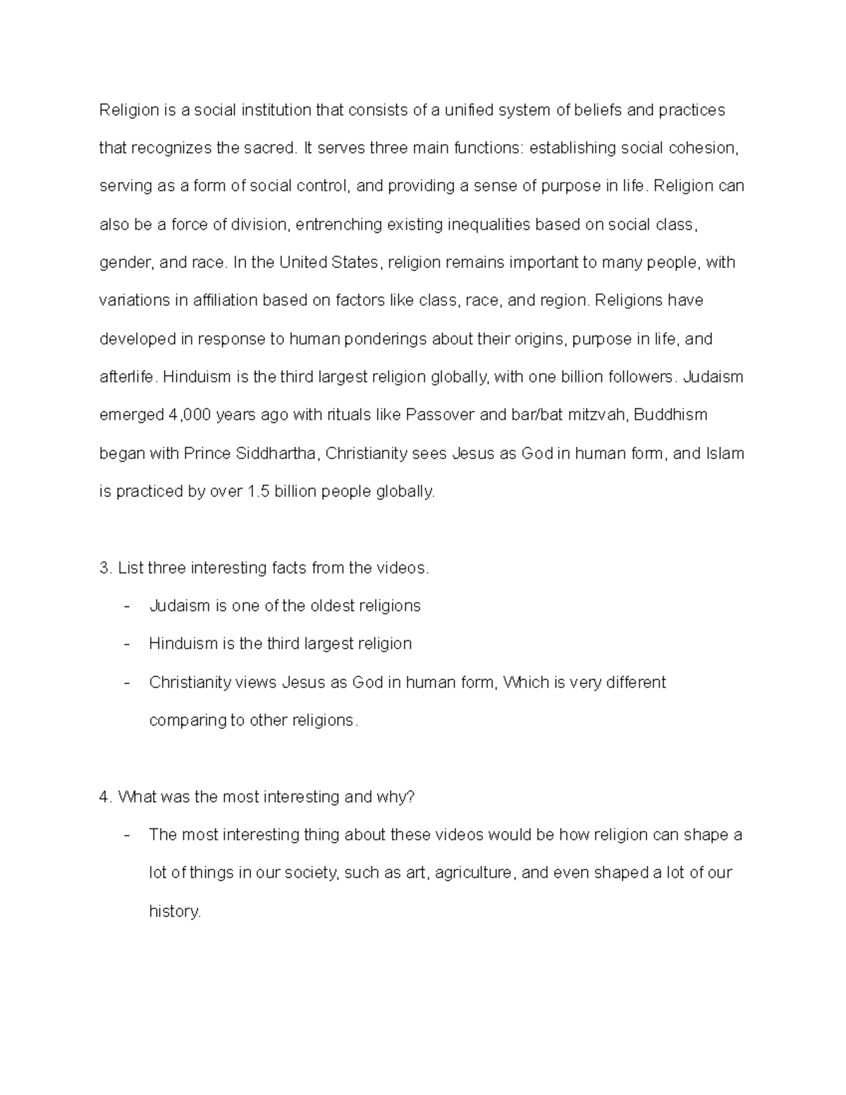 Socio - Video Assignment - Religion is a social institution that ...