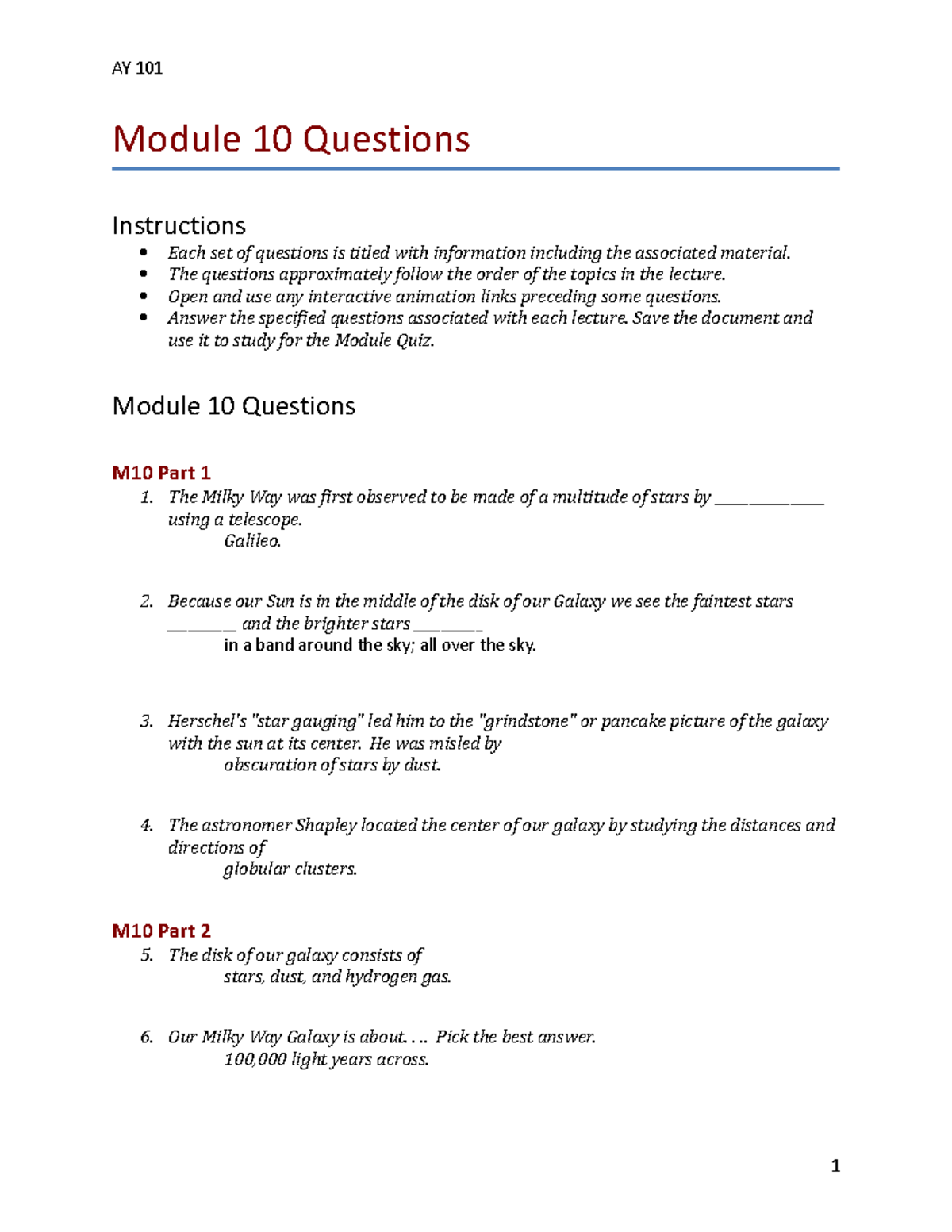 Module-10-questions - Module 10 Questions - AY 101 Module 10 Questions ...