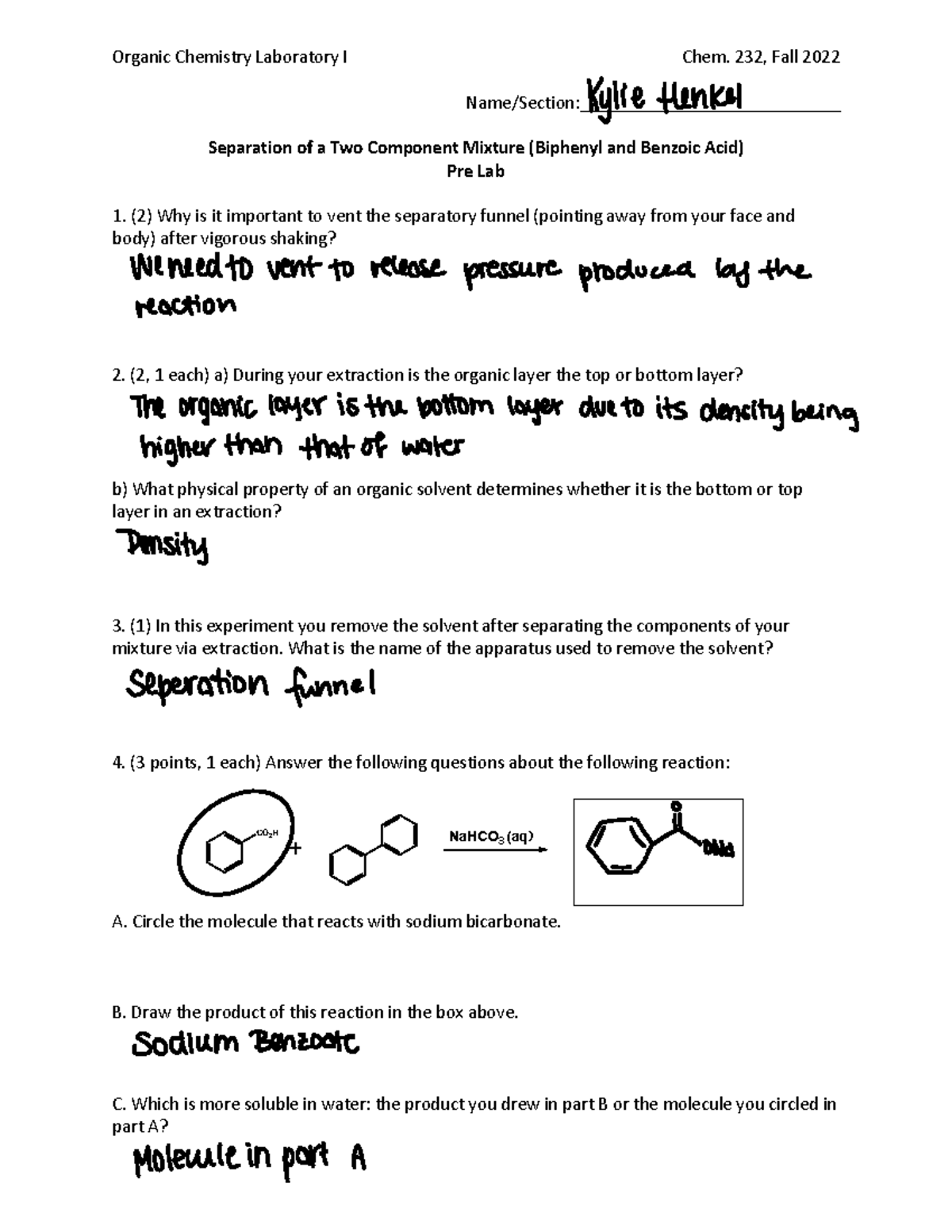Extraction Pre-Lab - Organic Chemistry Laboratory I Chem. 232, Fall ...