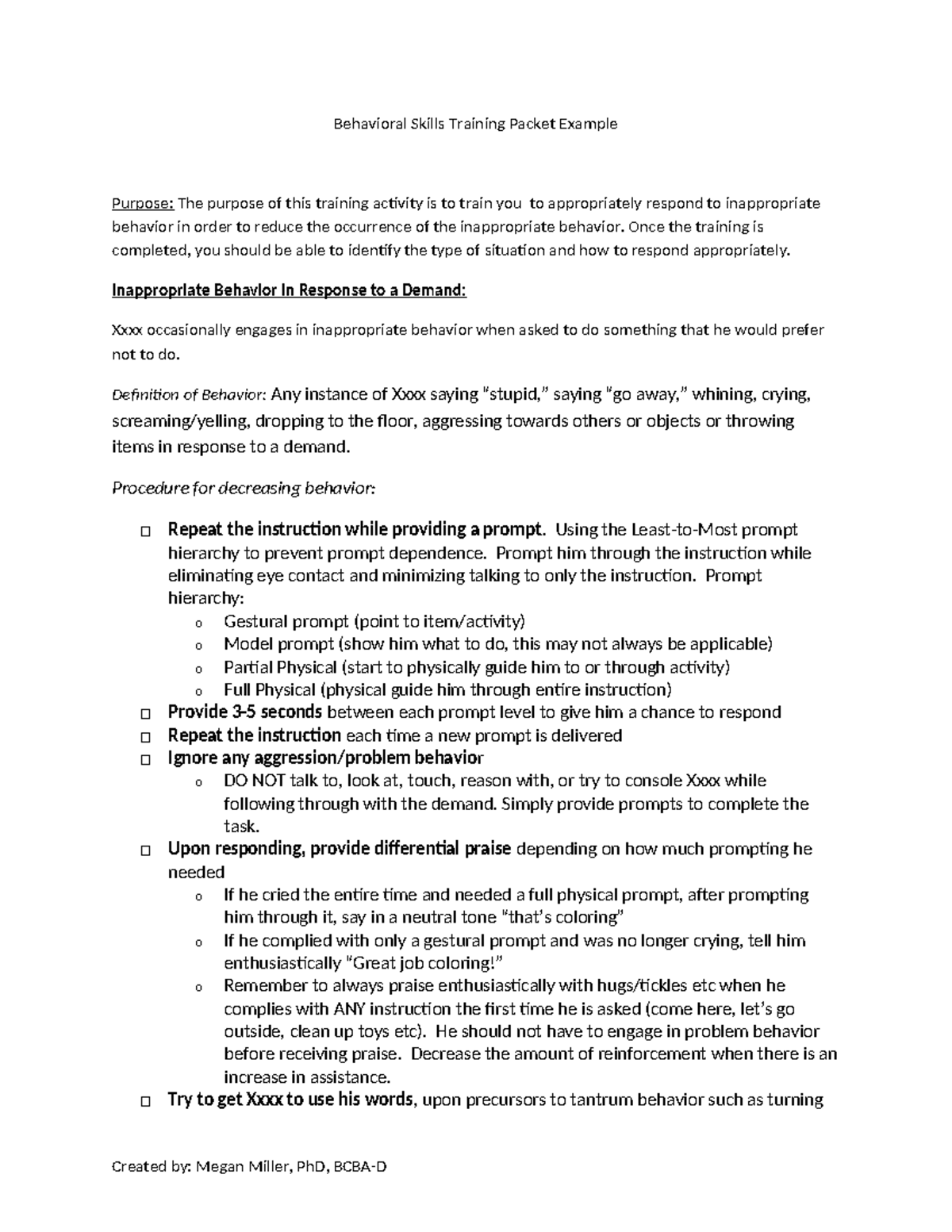 Behavioral Skills Training Example - Behavioral Skills Training Packet Example Purpose: The ...