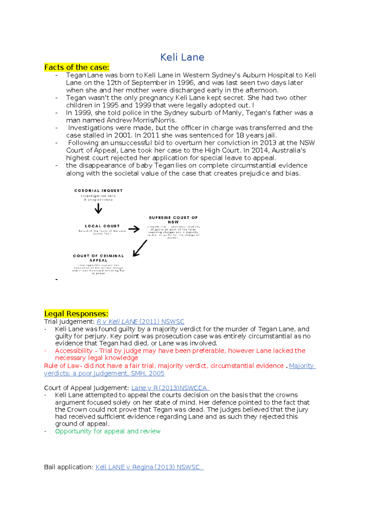 Kel summary notes - Keli Lane Facts of the case: - Tegan Lane was born ...