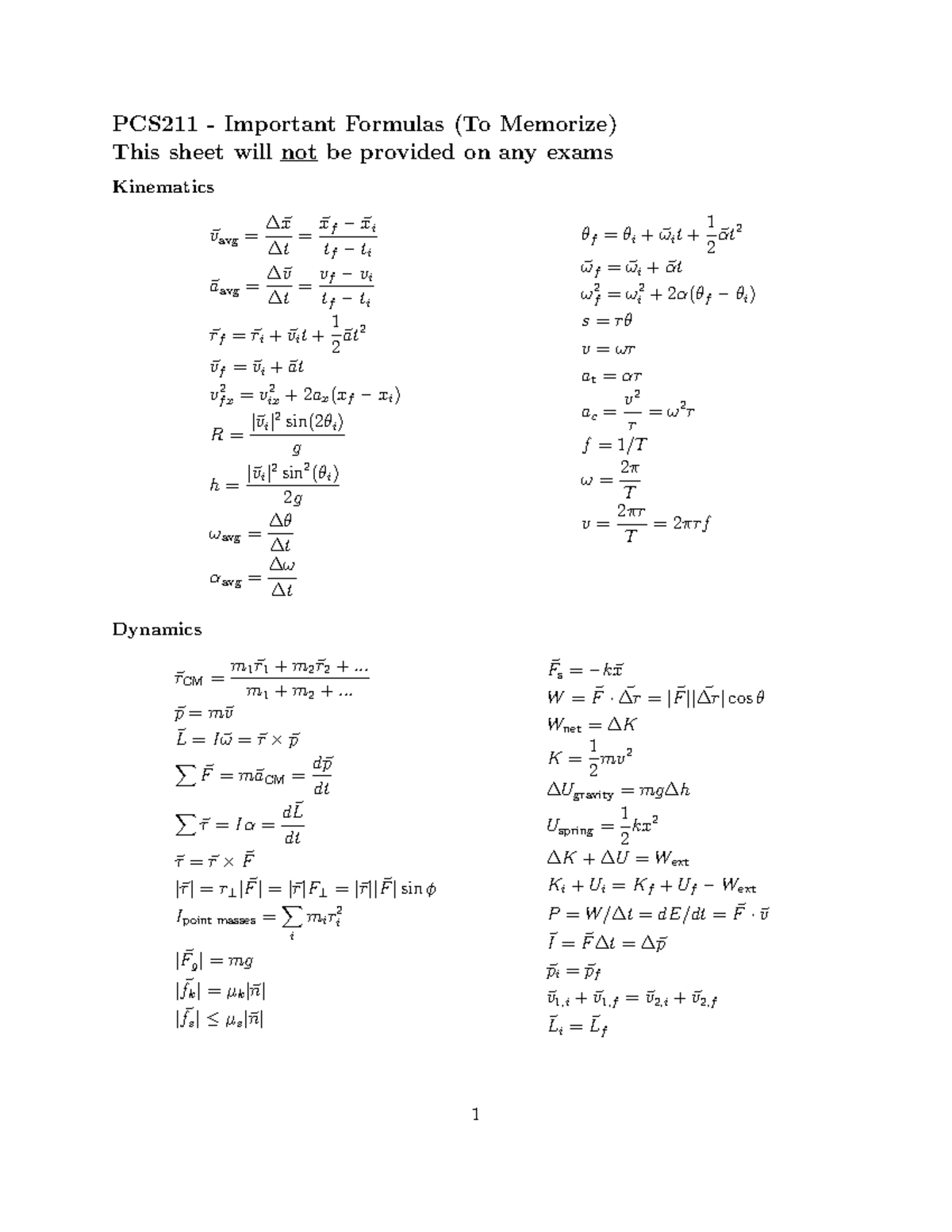 PCS211 Formulas 1 - Summary Physics: Mechanics - PCS211 - Important ...