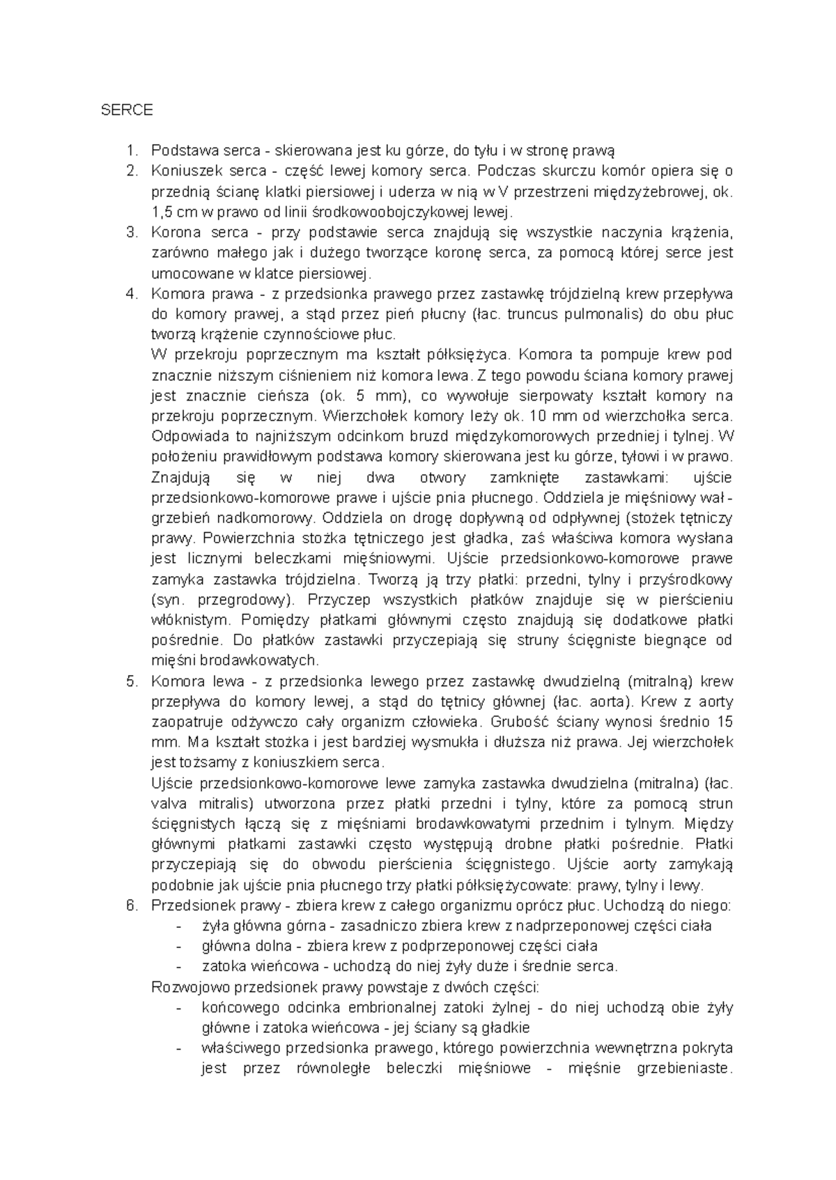 Serce Anatomia - notatki do koła - SERCE Podstawa serca - skierowana ...