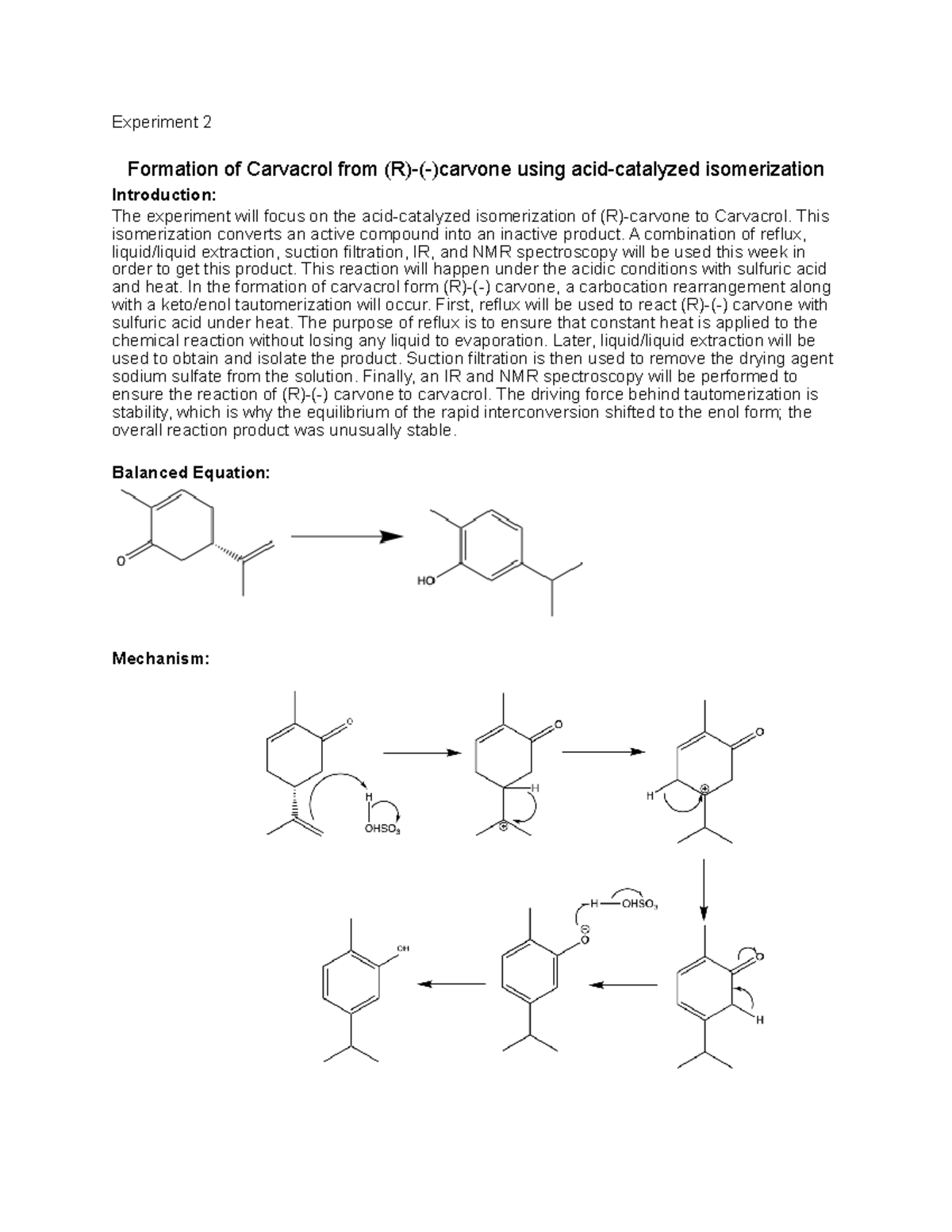 Experiment 2 - Chem 2212L - Experiment 2 Formation of Carvacrol from (R ...