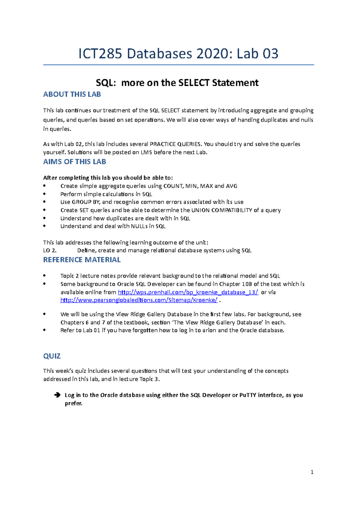 ICT285 2020 Lab 03 Workthrough - ICT285 Databases 2020: Lab 03 SQL: more on the SELECT Statement ...