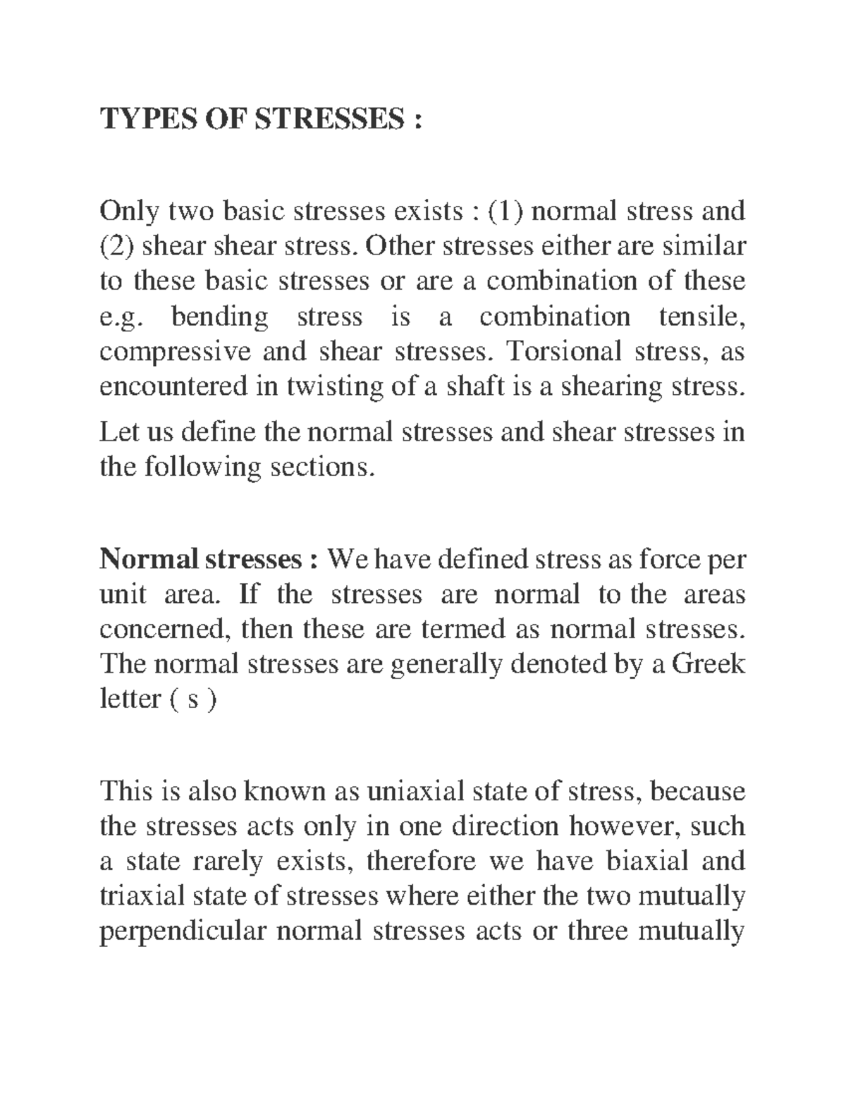 Types OF Stresses - MOS LECTURE NOTES - TYPES OF STRESSES : Only two ...