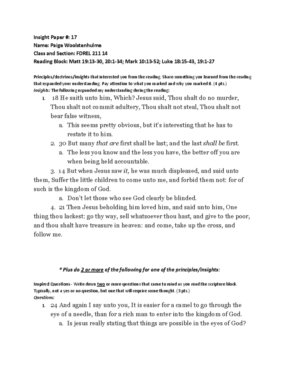 17 Insight Paper - For the class of Brother Parker. - Insight Paper ...