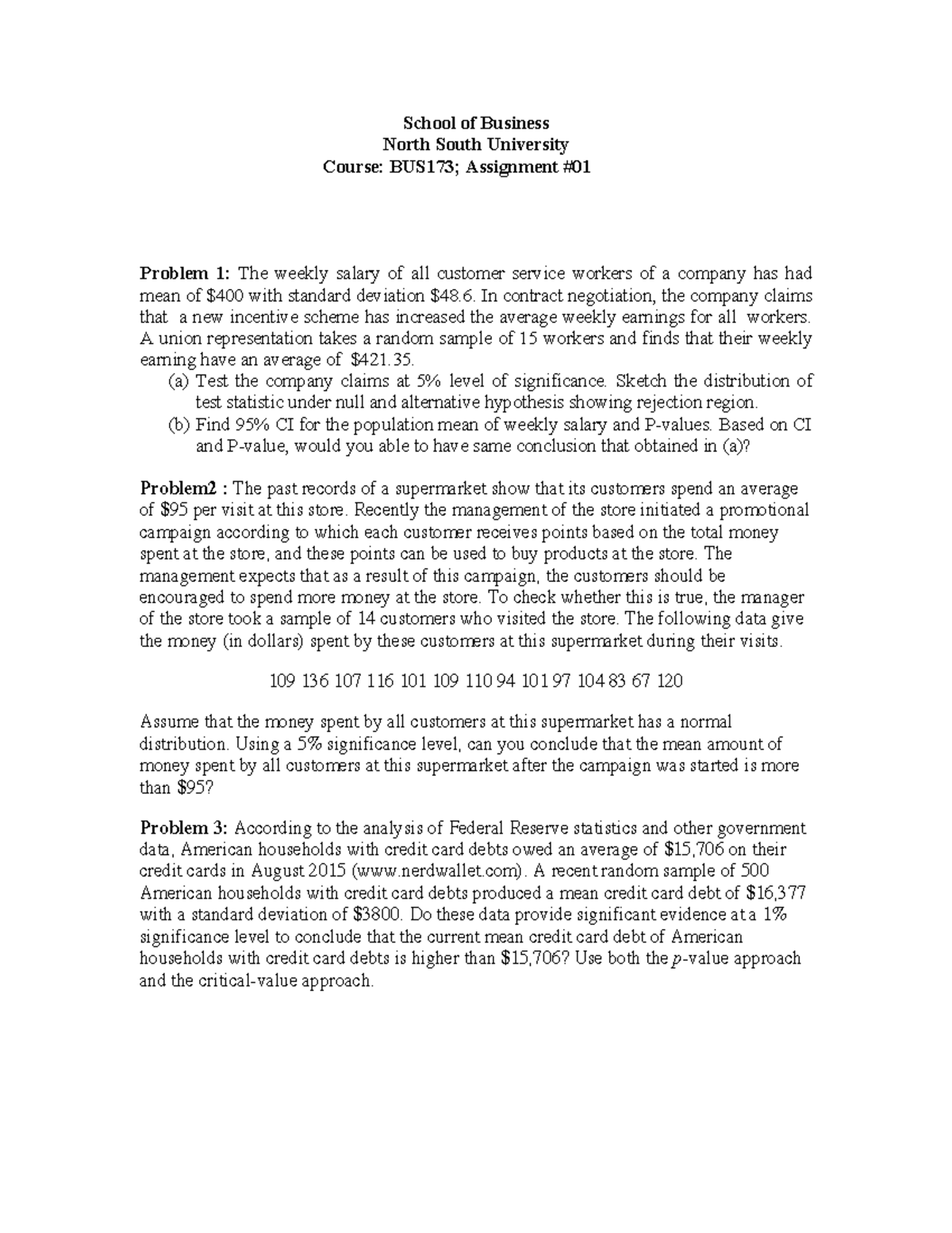 Assignment 01 - Cse - School of Business North South University Course: BUS173; Assignment ...