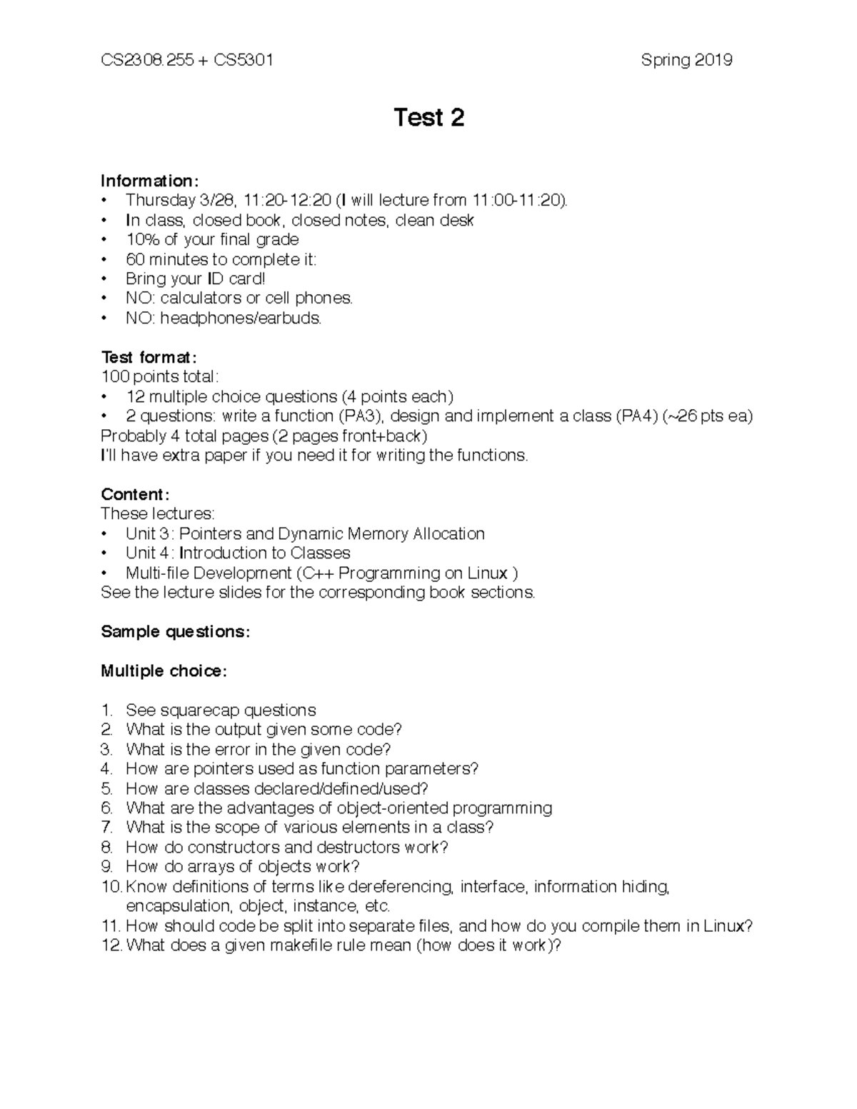 Test 2 Preparation - CS 2308 - CS2308 + CS5301 Spring 2019 Test 2 ...