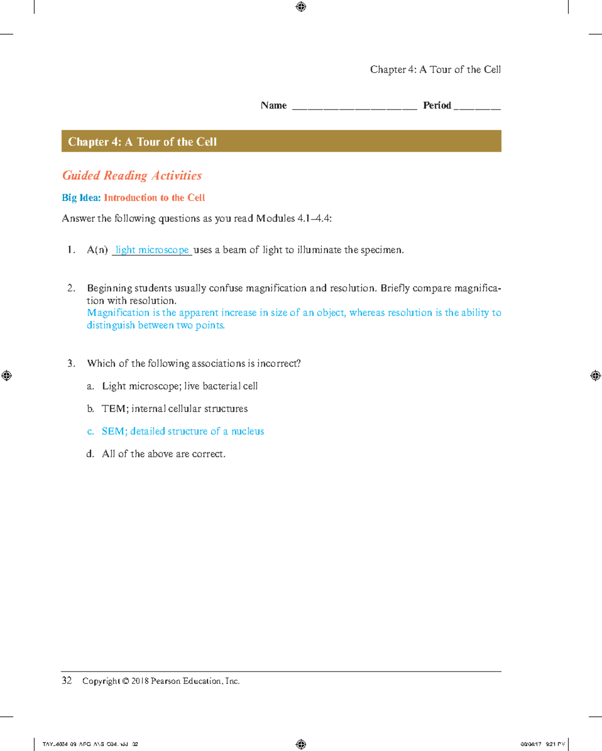 Ch 4 Review with Answers - Chapter 4: A Tour of the Cell Name Period ...