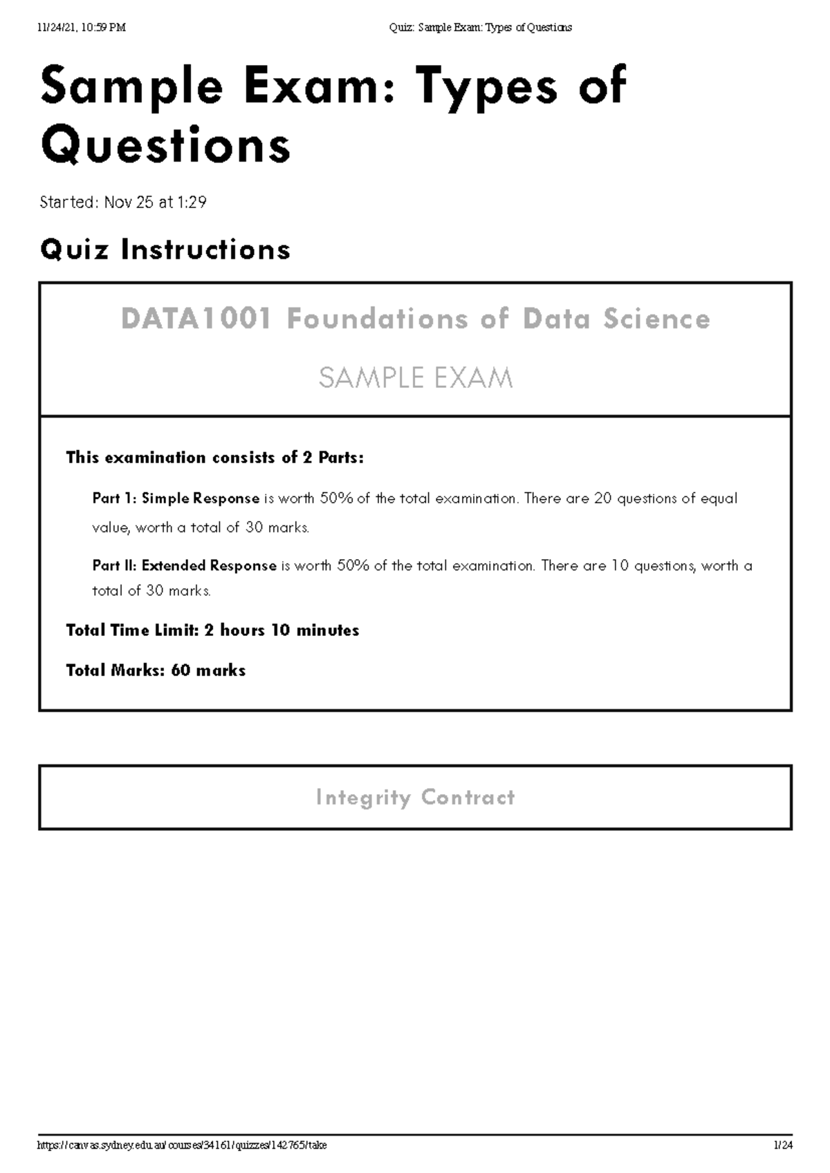 DATA1001 Sample questions - Sample Exam: Types of Questions Started: Nov 25 at 1: Quiz ...