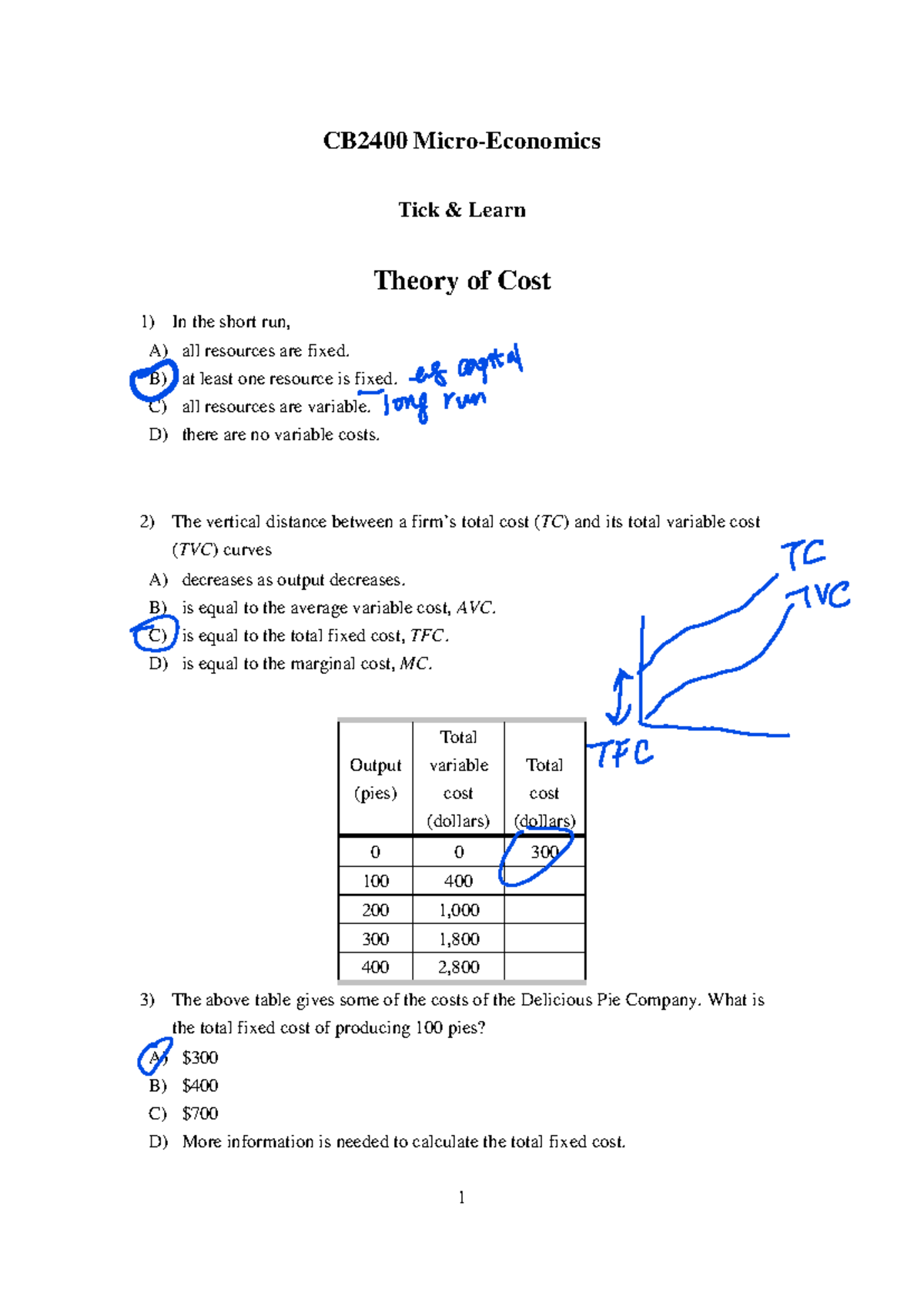 (06 CB2400 Tick & Learn Theory OF COST - CB2400 Micro-Economics Tick & Learn Theory of Cost In ...