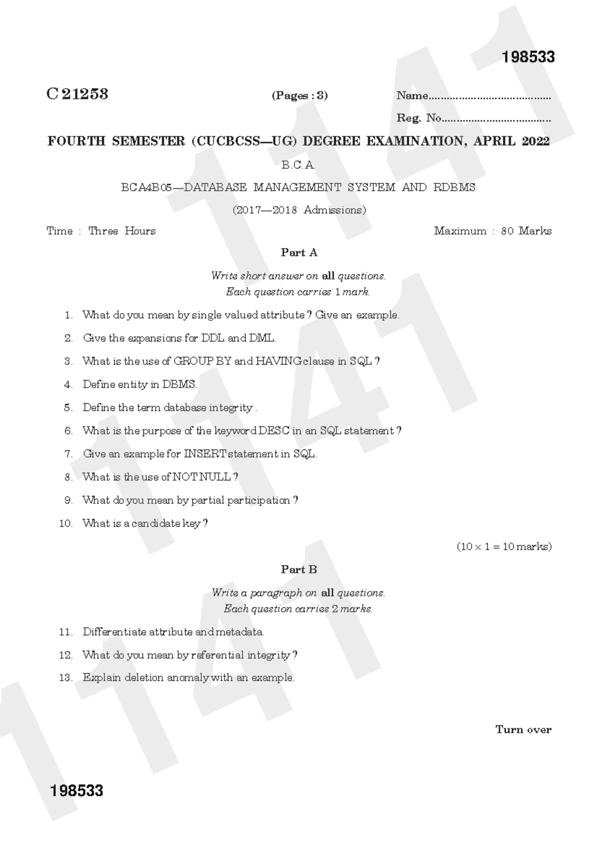 DBMS April 2022 Question paper - Turn over C 21253 (Pages : 3) - Studocu