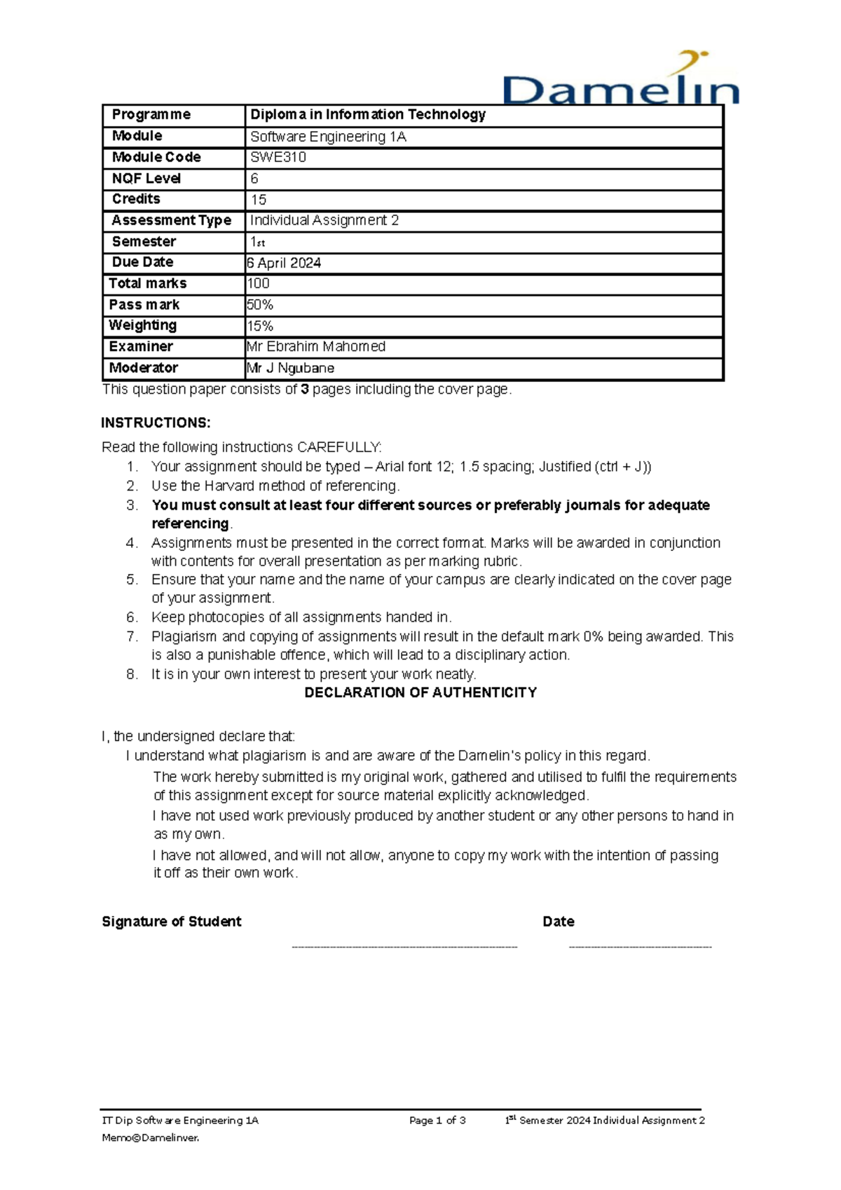 Software Engineering 1A Individual Assignment 2024 - IT Dip Software ...