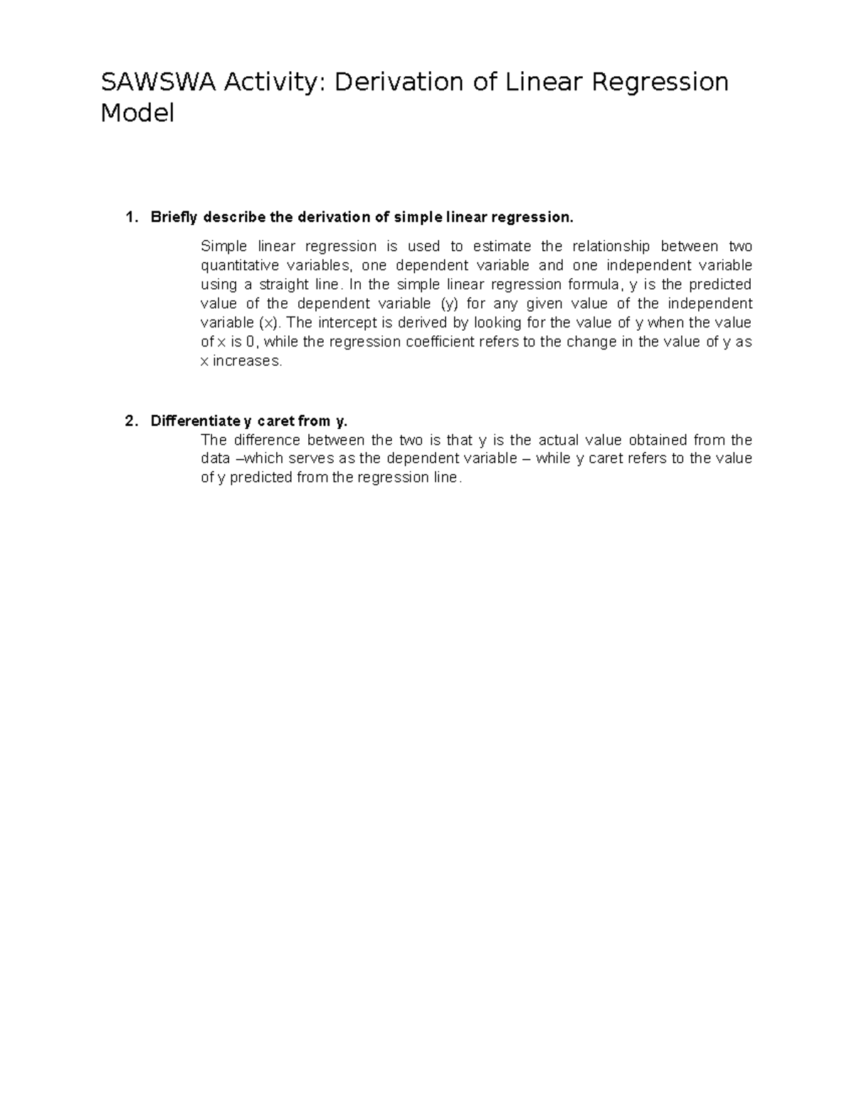 Derivation of Linear Regression Model - Briefly describe the derivation ...