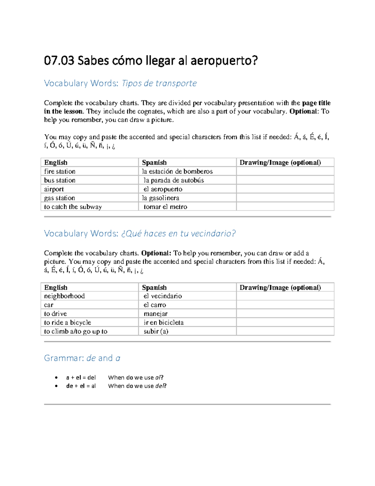 07 03 notes - 07 Sabes cómo llegar al aeropuerto? Vocabulary Words ...