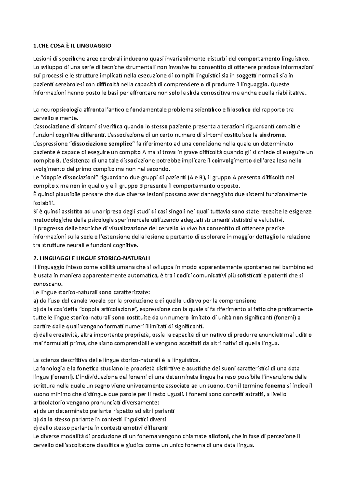 Neuropsicologia del linguaggio Riassunto - 1 COSA È IL LINGUAGGIO ...