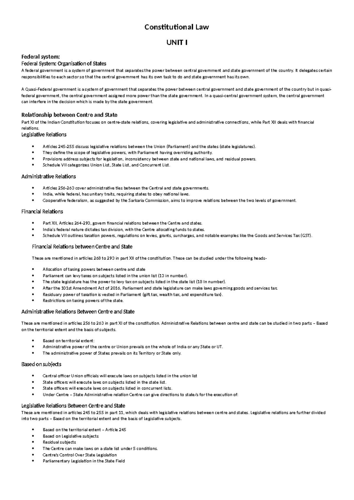 Constitutional Law notes - Constitutional Law UNIT I Federal system ...