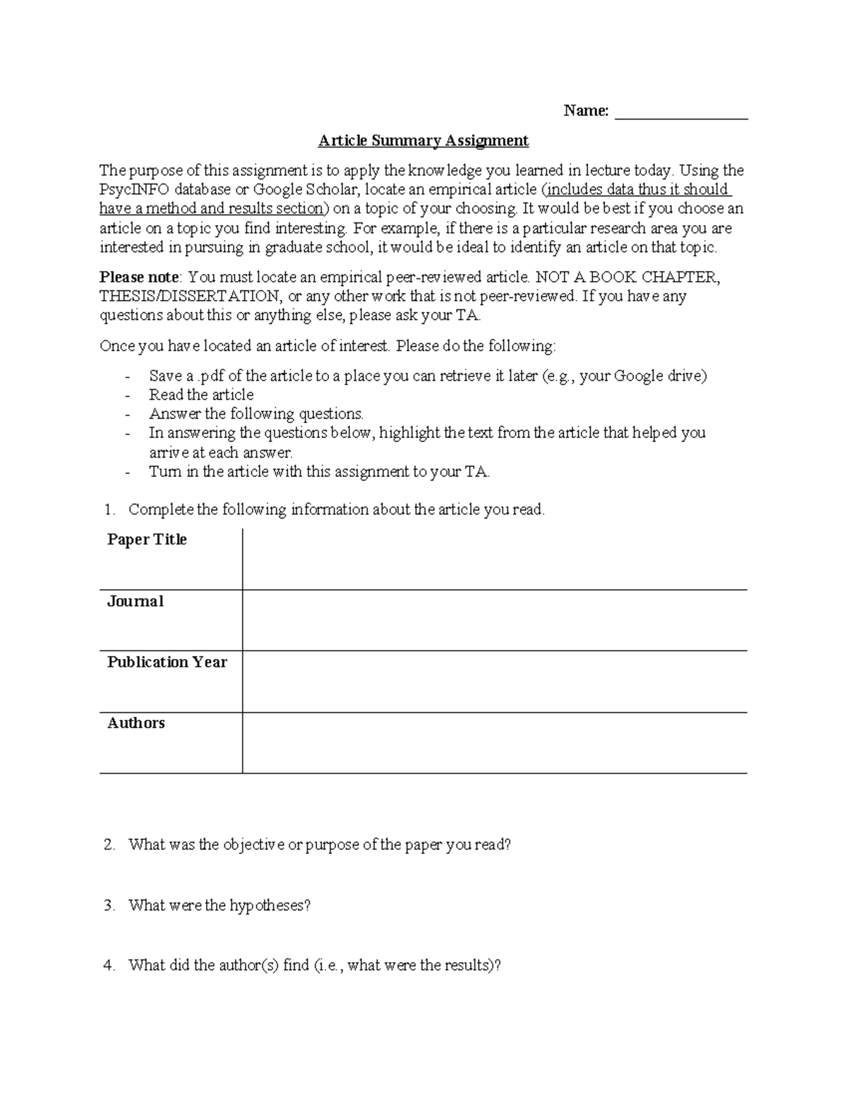 Article Summary Assignment - Name: ________________ Article Summary ...