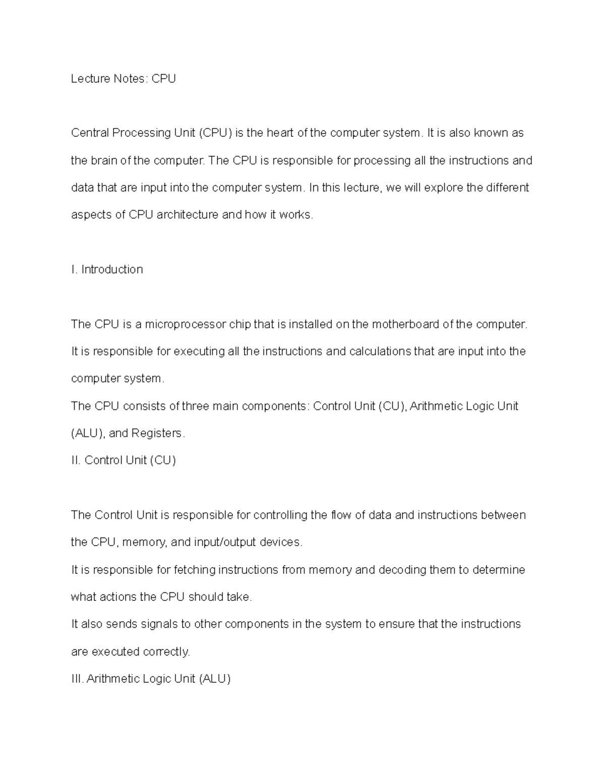 Lecture Notes Cpu Lecture Notes Cpu Central Processing Unit Cpu Is