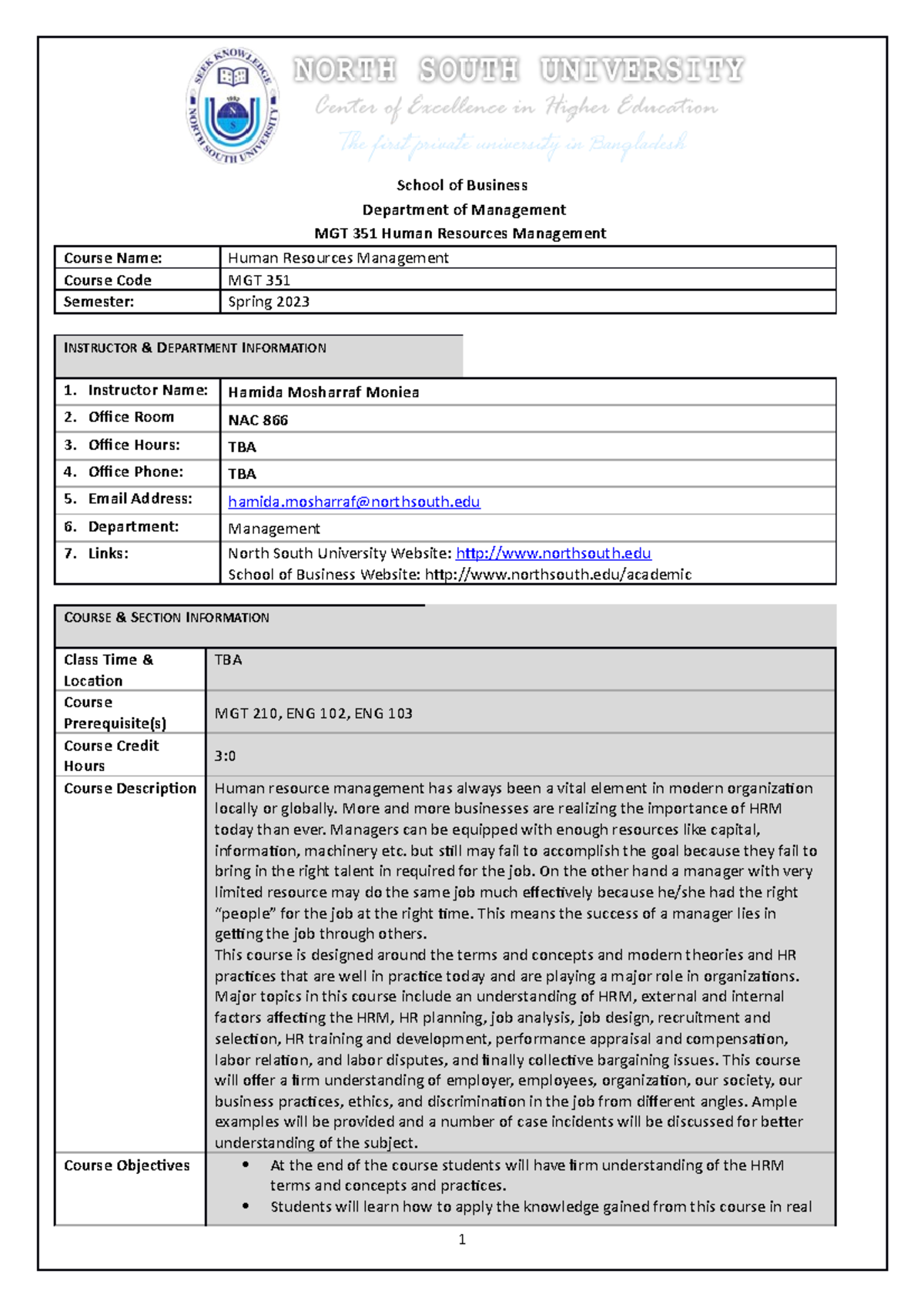 Spring 2023 Course outline MGT 351 Human Resource Management HMM1 ...