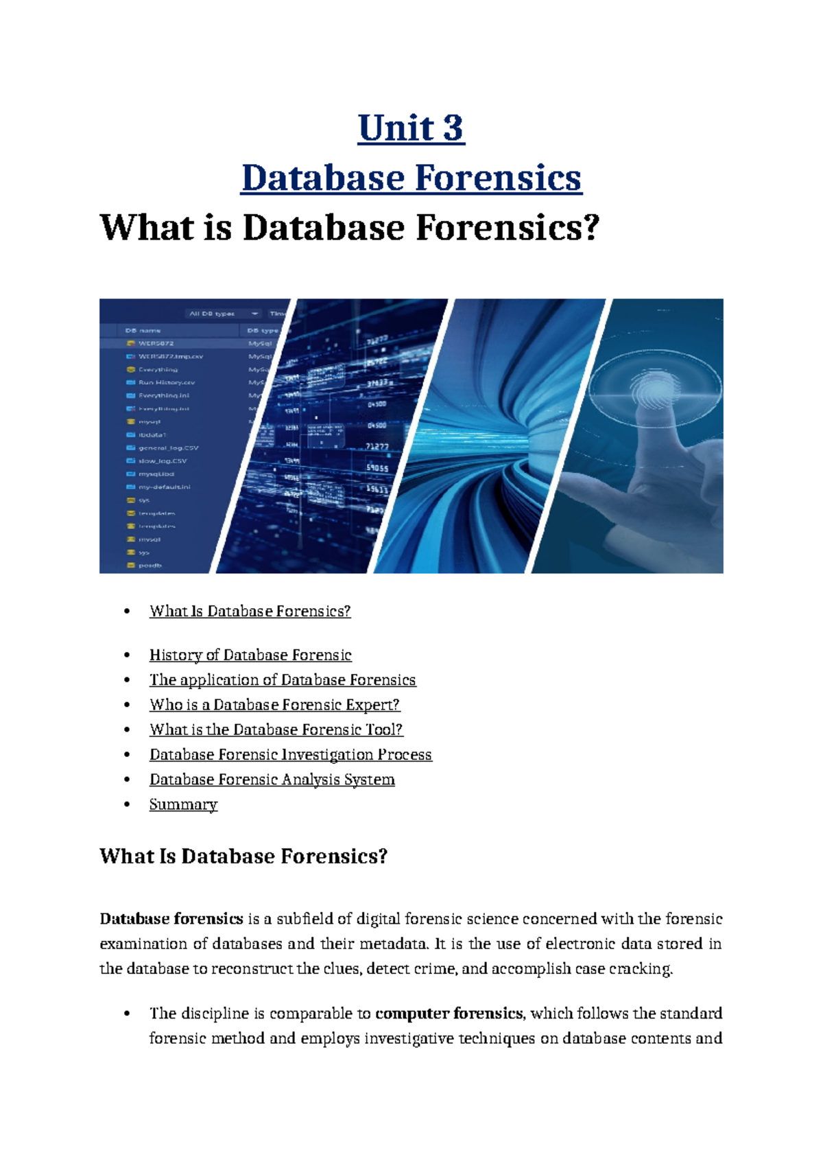 Cyber Forensics Unit III - Unit 3 Database Forensics What is Database ...