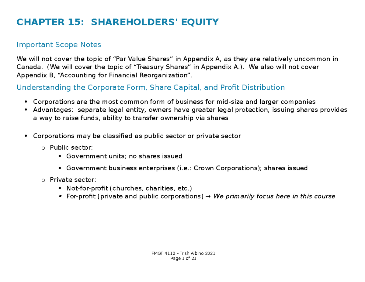 Chapter 15 Lecture Notes (TA 2021) - Shareholders' Equity - CHAPTER 15 ...