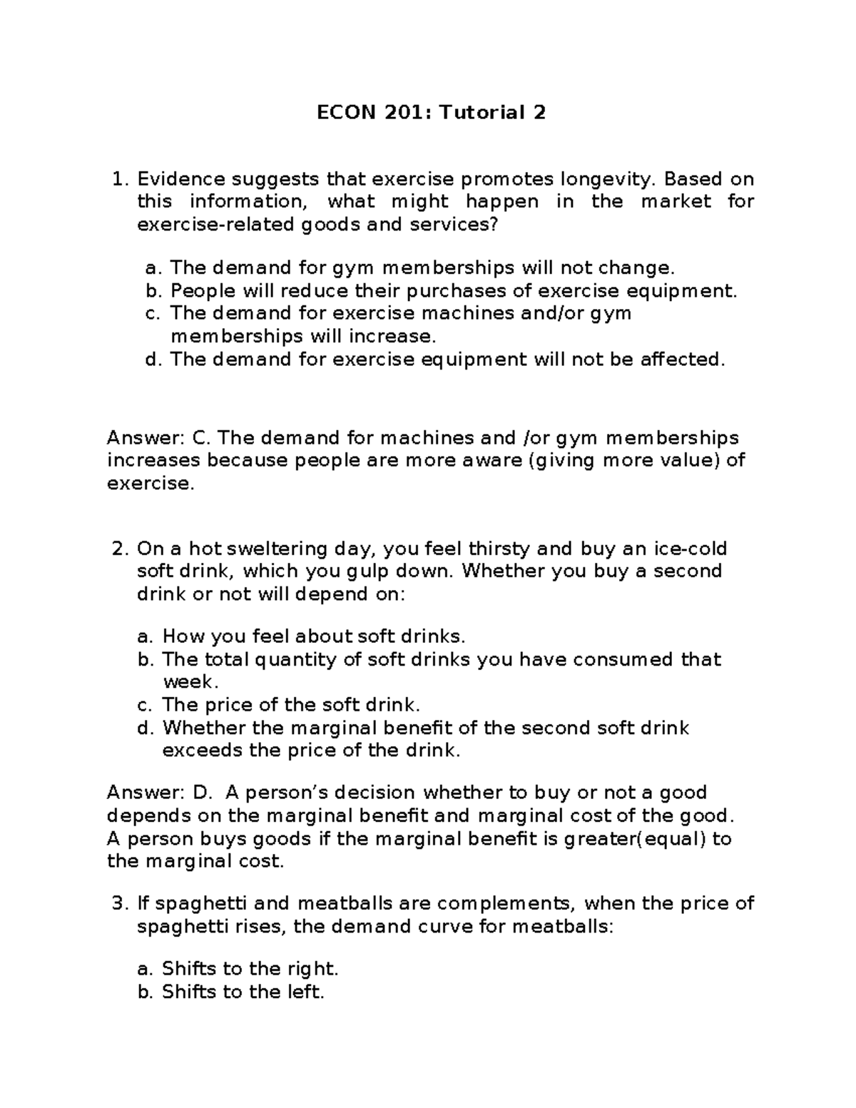 Econ201 Tut2 Answers Econ 201 Tutorial 2 Evidence Suggests That Exercise Promotes Longevity
