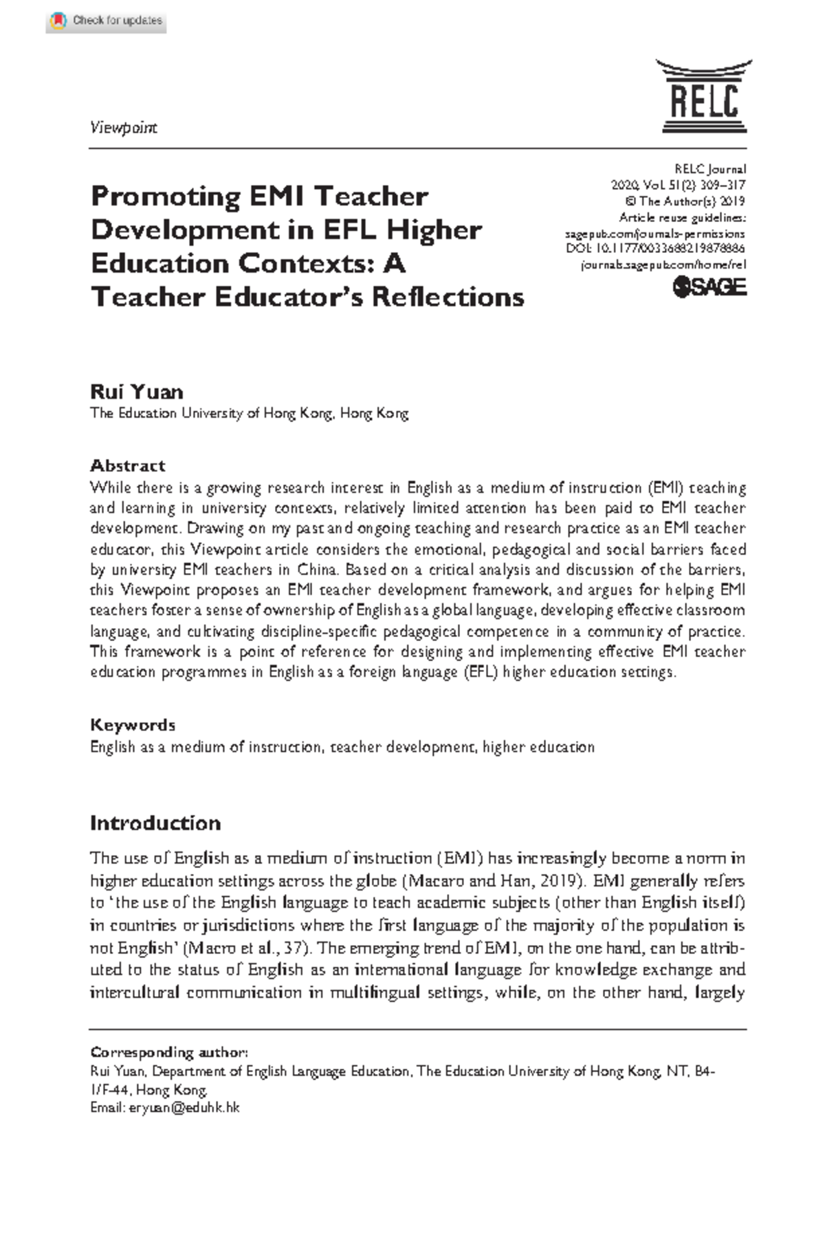 Yuan(2019 )Promoting EMITeacher - doi/10.1177/ RELC Journal 2020, Vol ...