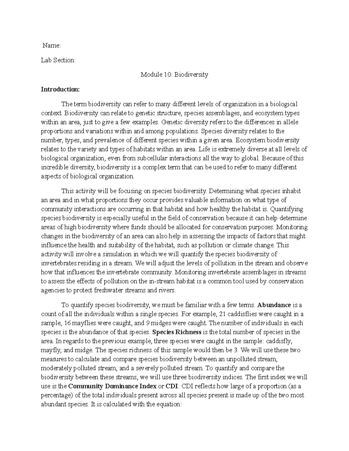 BIOL 1131 Module 10 Biodiversity Activity - Name: Lab Section: Module ...