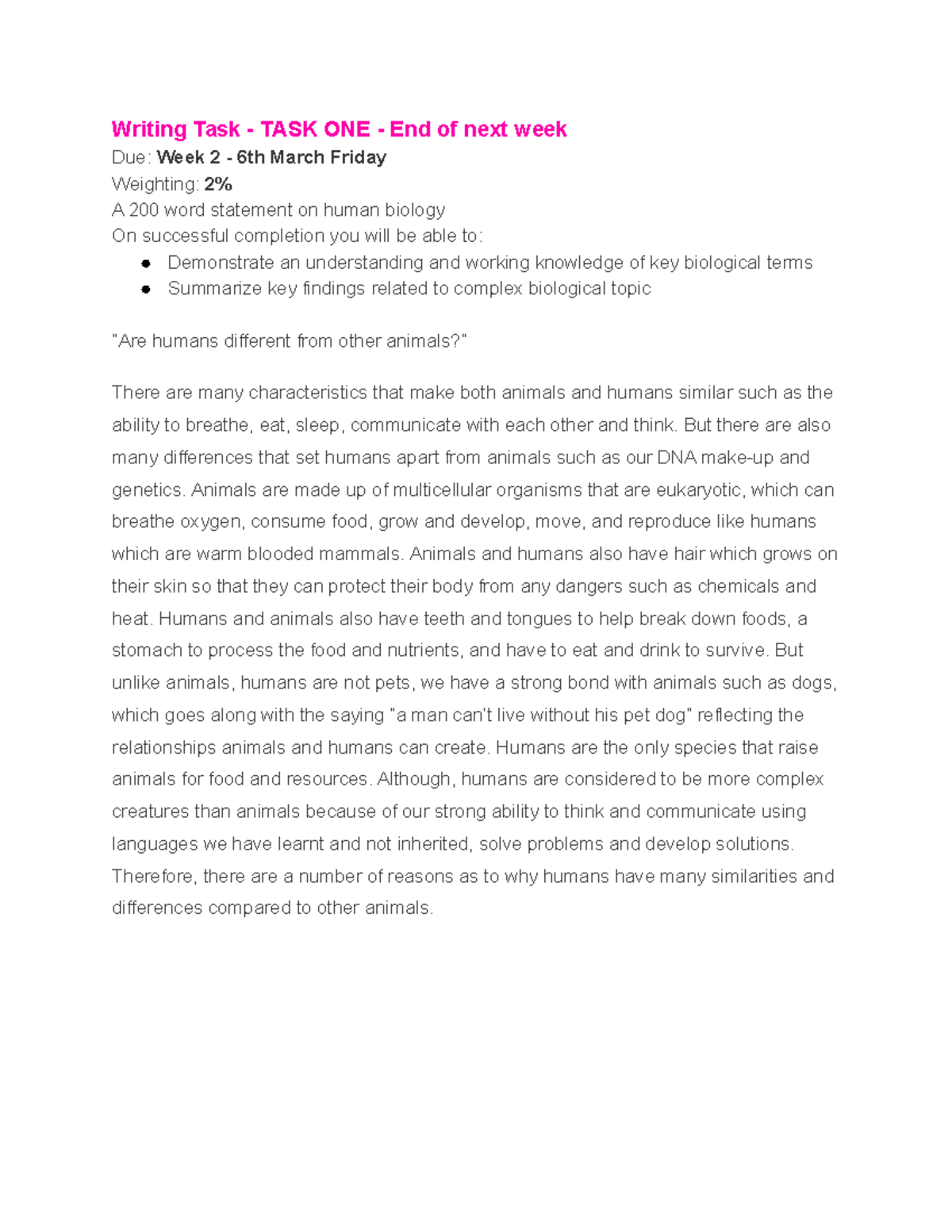BIOL1210 - Human Biology 200 Word Assessment - Writing Task - TASK ONE ...