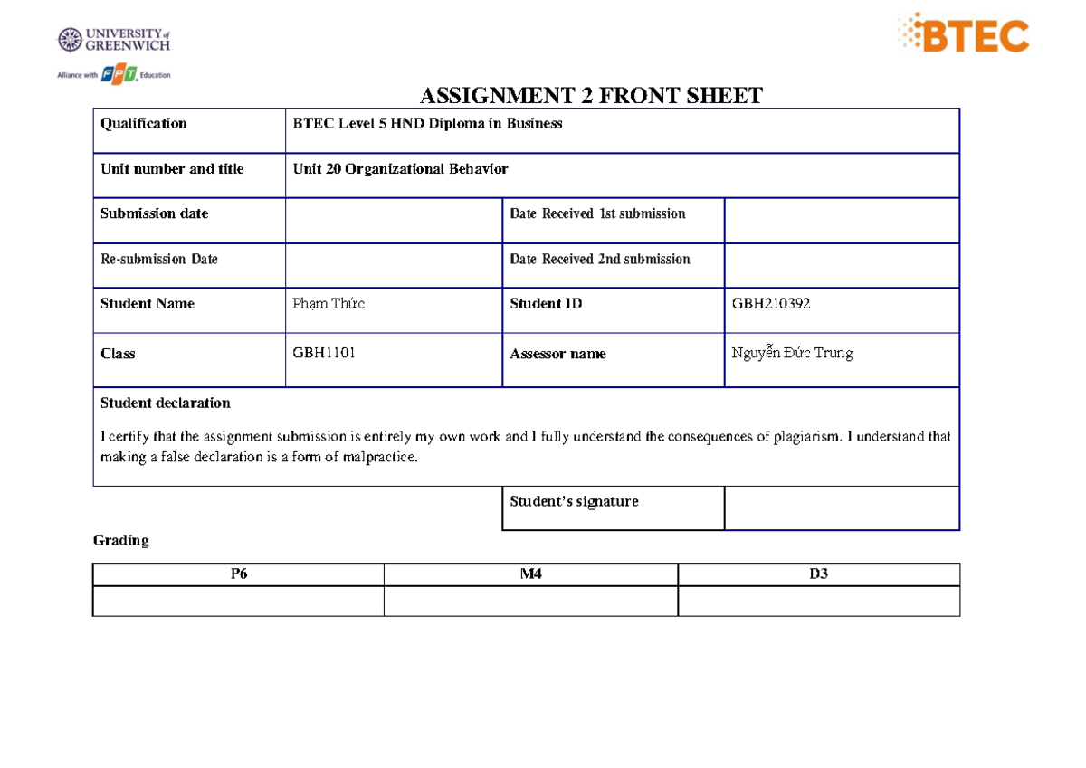 5064.Assignment 2 frontsheet (2022) - ASSIGNMENT 2 FRONT SHEET Qualification BTEC Level 5 HND ...