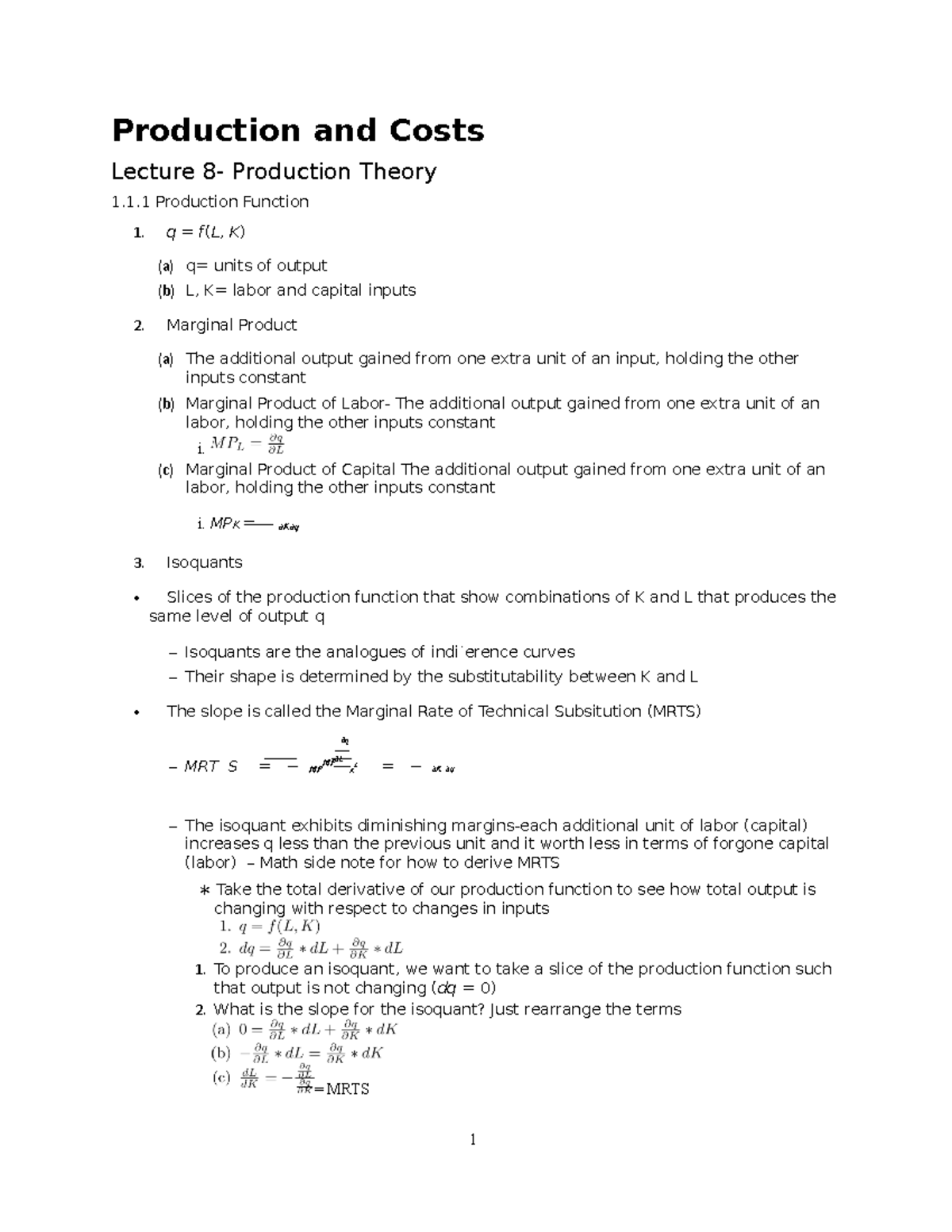 Economics-notes-2 - Economics-notes - ∂q ∂L Production and Costs ...
