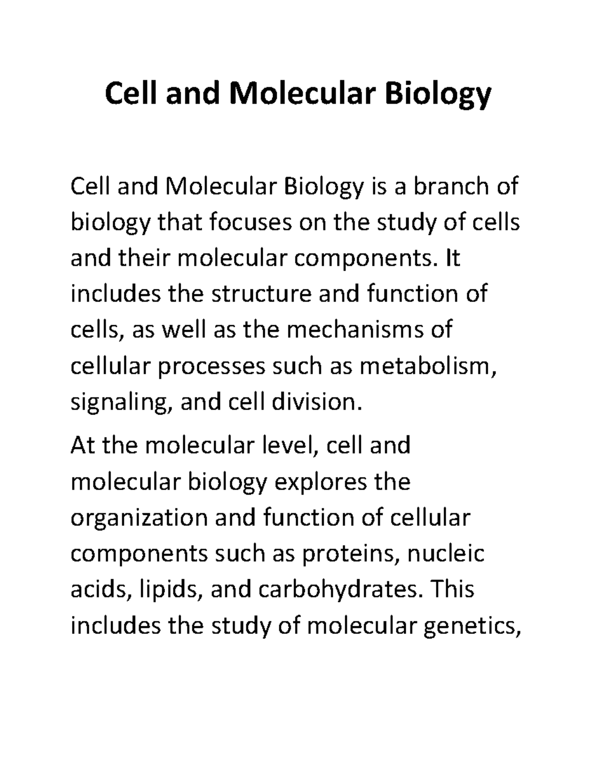 Cell and Molecular Biology notes - Cell and Molecular Biology Cell and ...