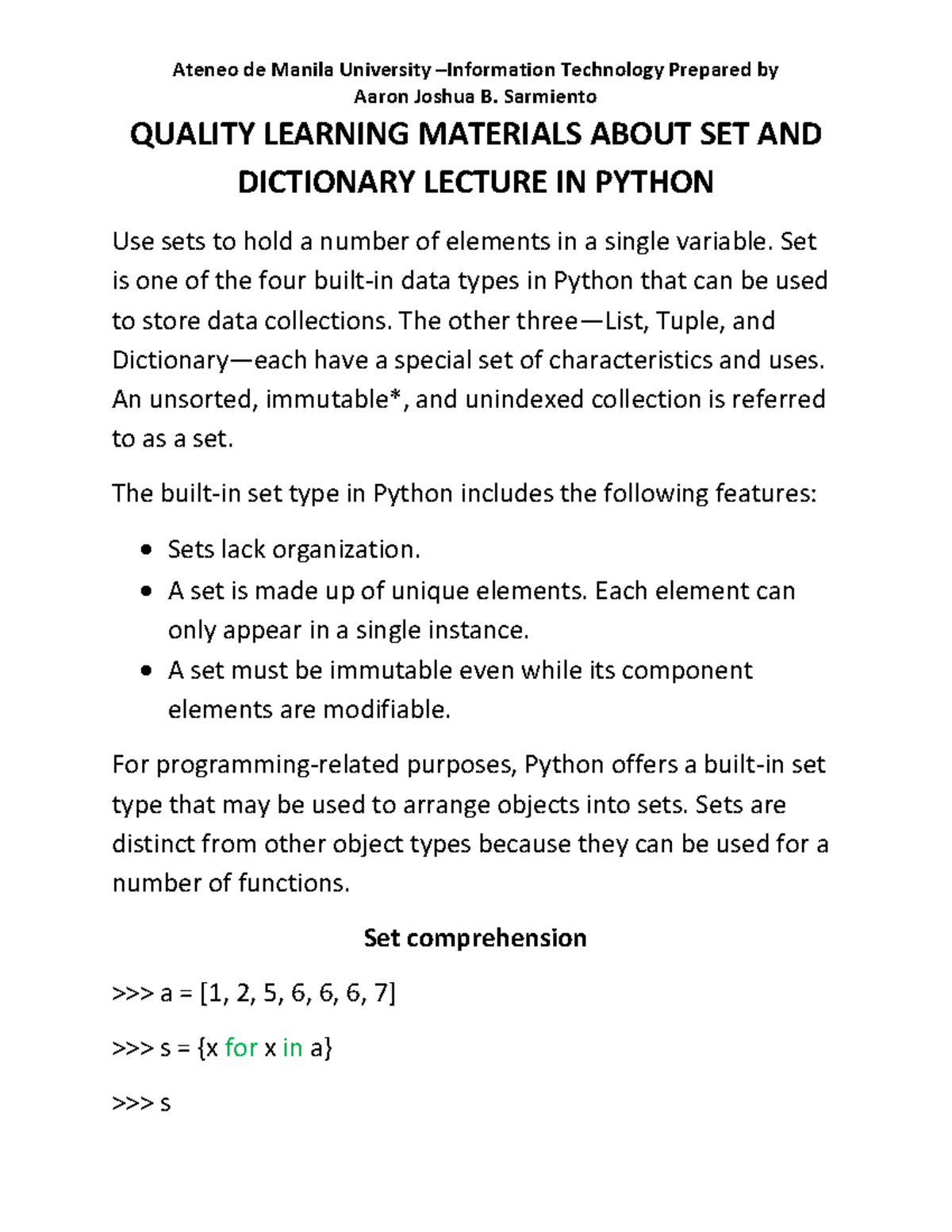 Quality Learning Materials About Set and Dictionary Lecture in Python - QUALITY LEARNING ...