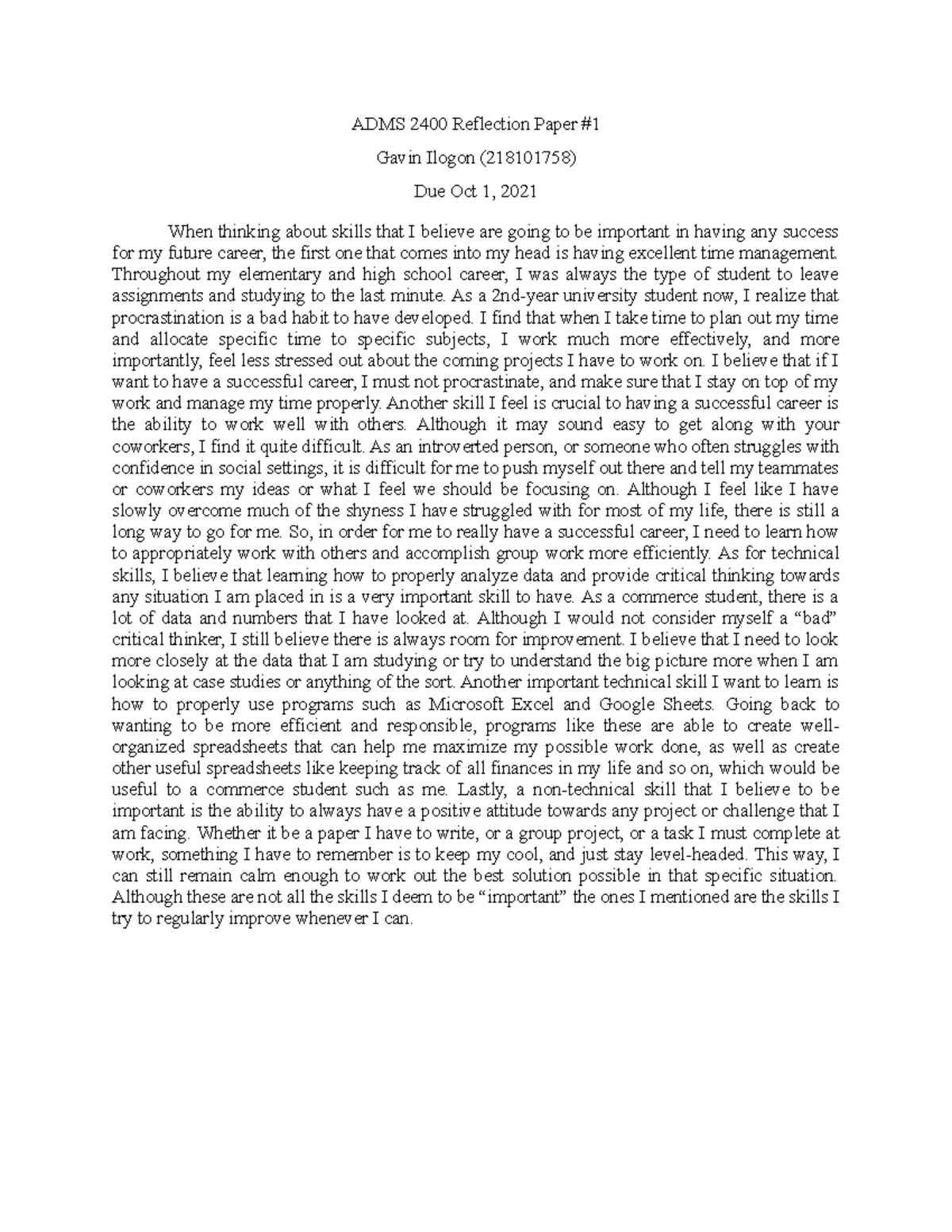 ADMS 2400 Reflection Paper #1 - ADMS 2400 Reflection Paper # Gavin ...