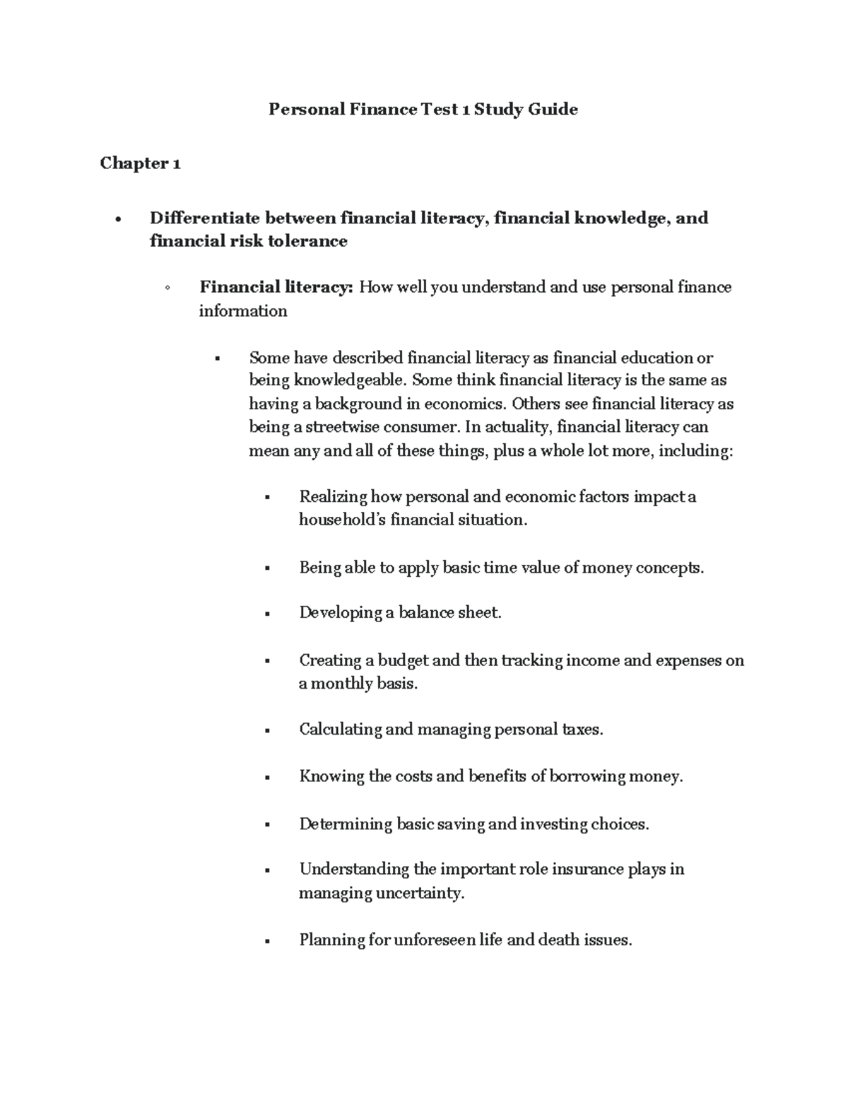 Fhce exam 1. - study guide for exam 1 - Personal Finance Test 1 Study ...