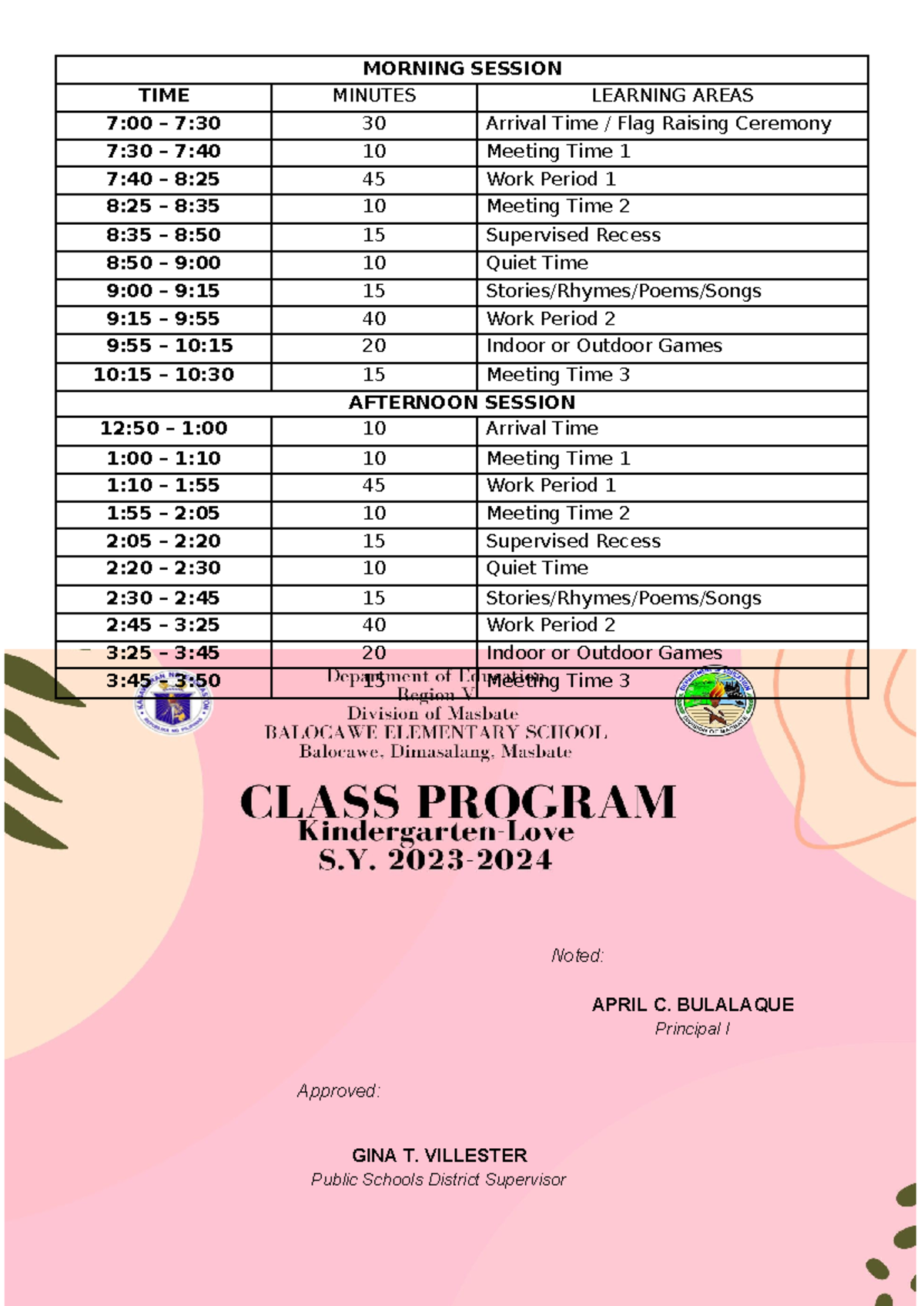 Class program gellee - MORNING SESSION TIME MINUTES LEARNING AREAS 7:00 ...