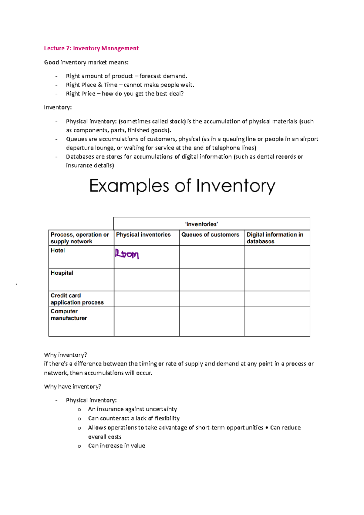 Lecture 7 - strategy - Lecture 7: Inventory Management Good inventory market means: - Right ...