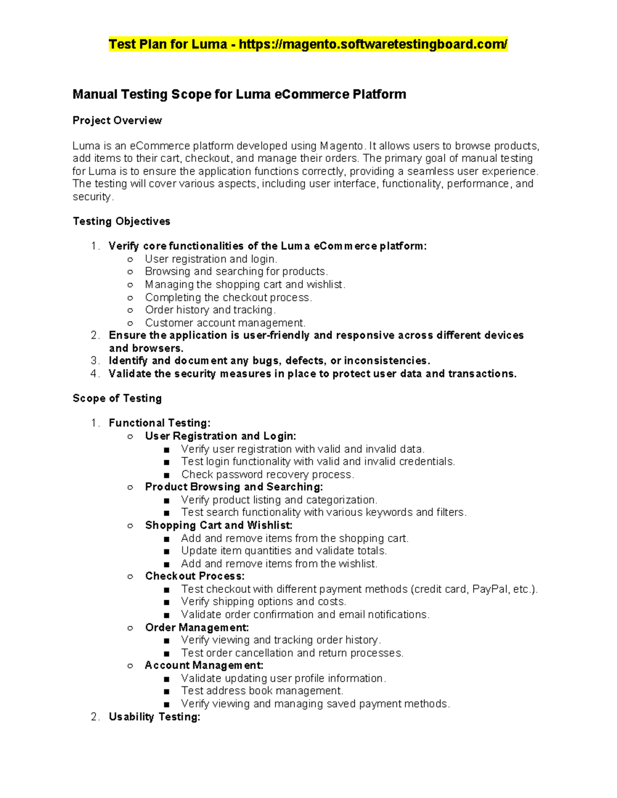 Test Planfor Luma - Test Plan for Luma - magento.softwaretestingboard ...