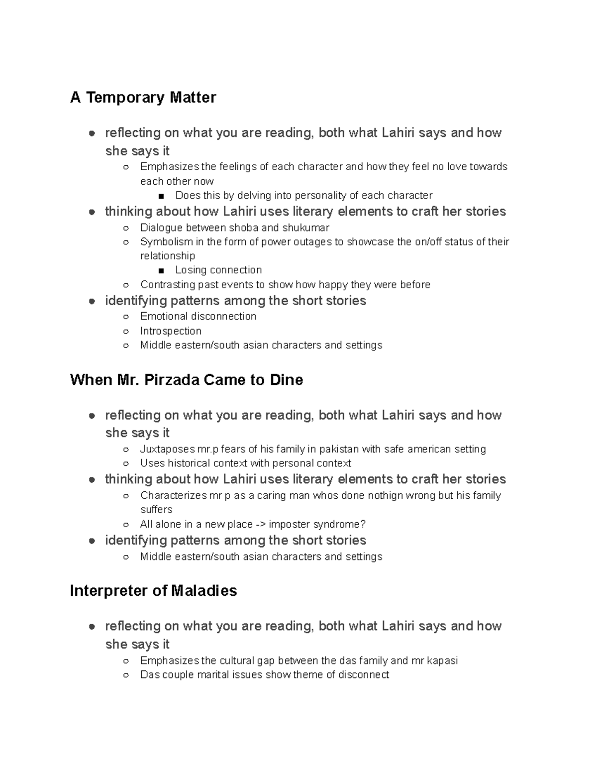 AP Lit summer reading - interpreter of amaldies - A Temporary Matter ...