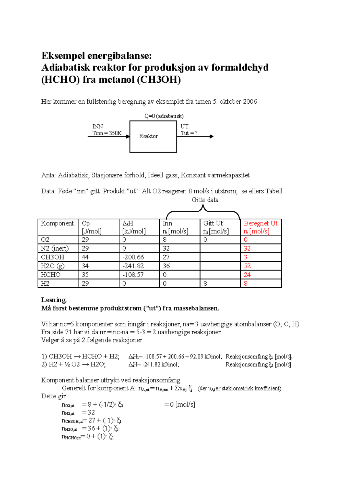 Eksempel-energibalanse-formaldehydreaktor - Eksempel energibalanse ...