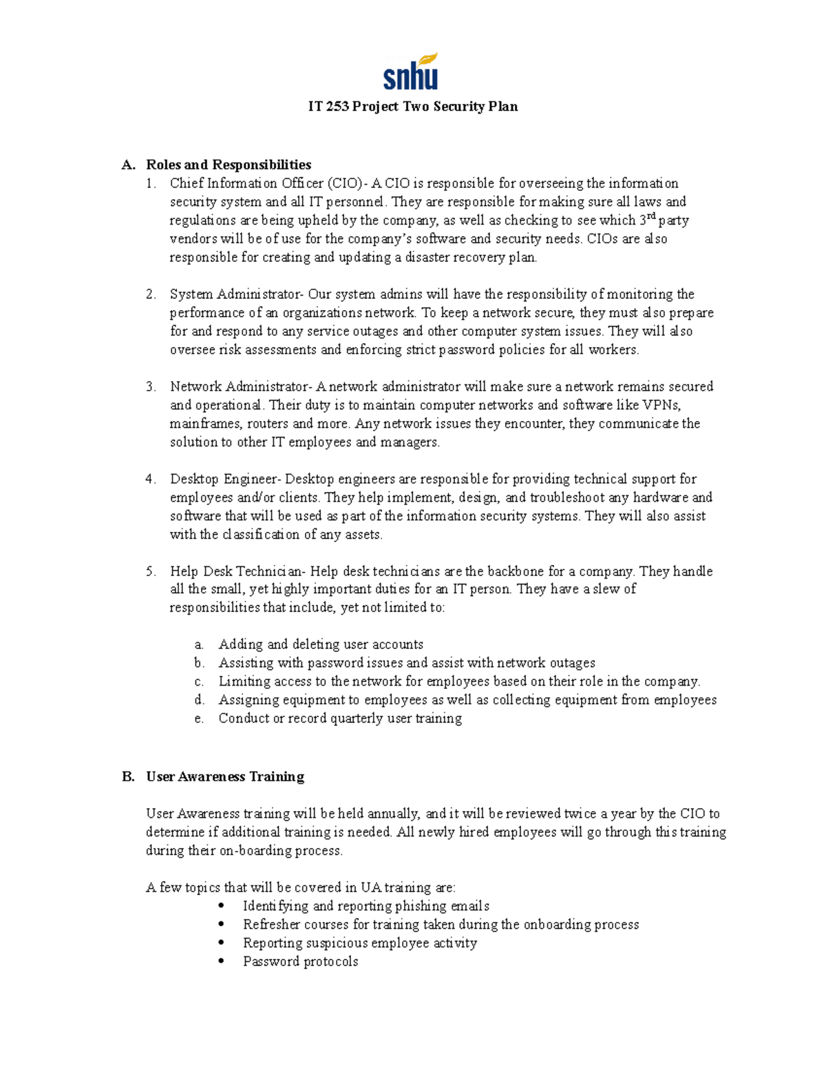 IT 253 Project Two Security Plan - Roles and Responsibilities 1. Chief ...